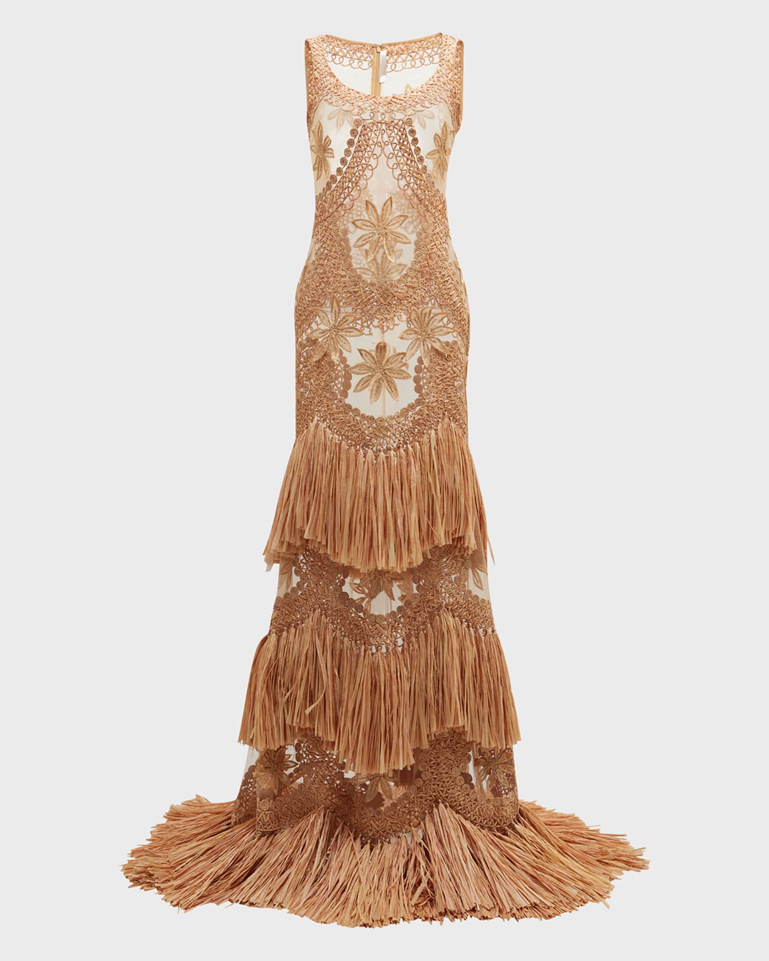 Naeem Khan Embroidered Tiered Raffia Fringe Gown | Neiman Marcus