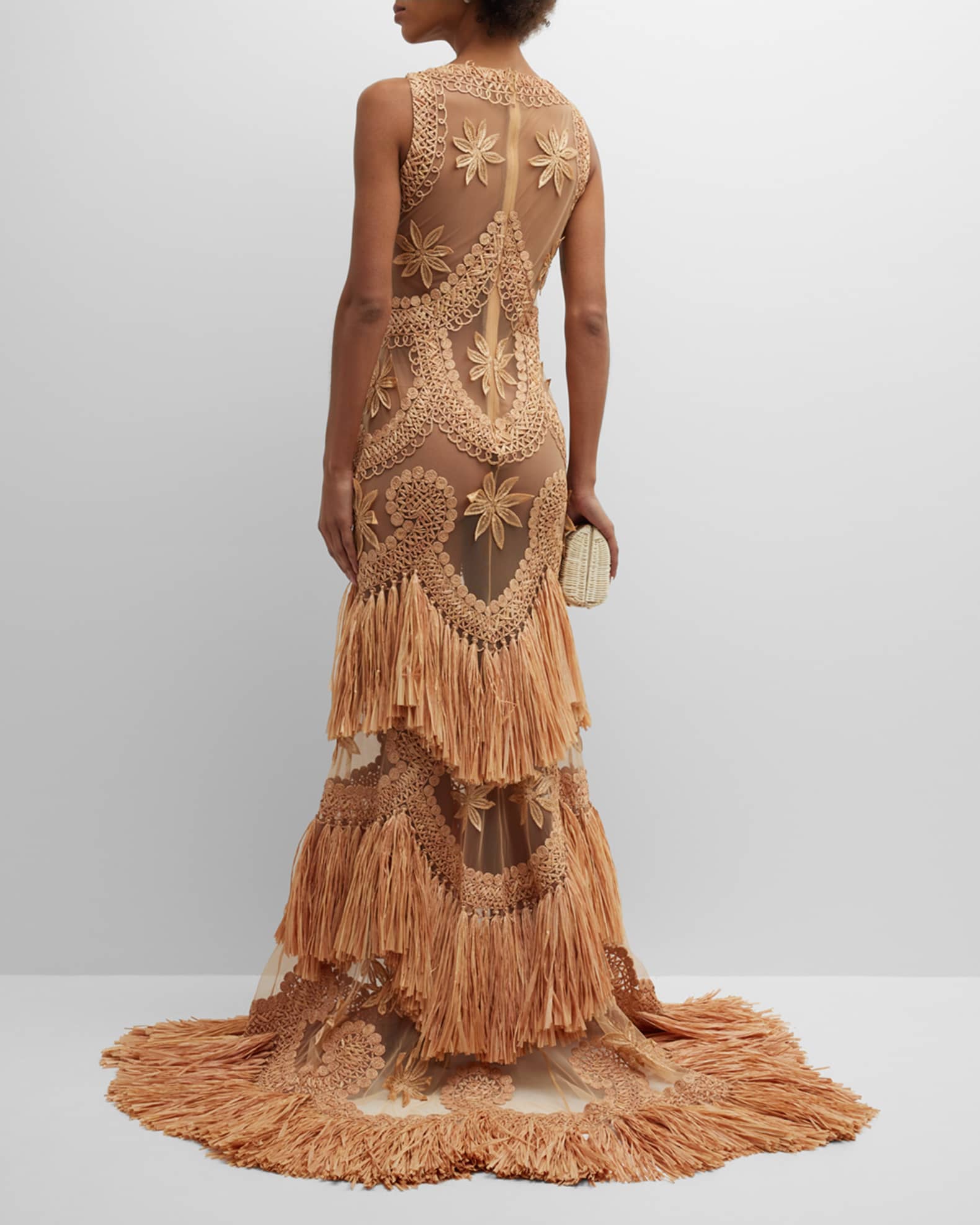 Naeem Khan Embroidered Tiered Raffia Fringe Gown | Neiman Marcus
