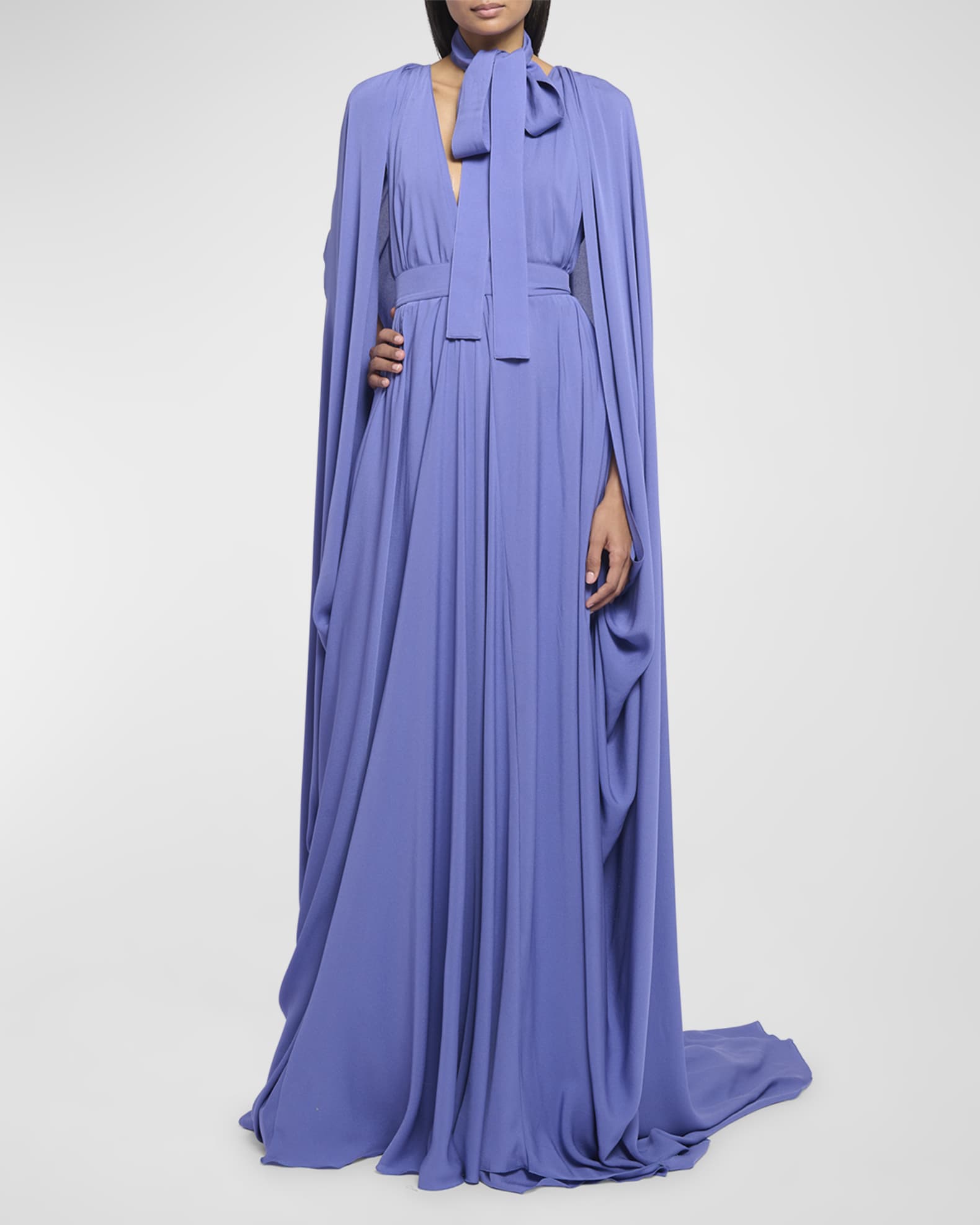 Elie Saab Plunging Georgette Cape Gown | Neiman Marcus