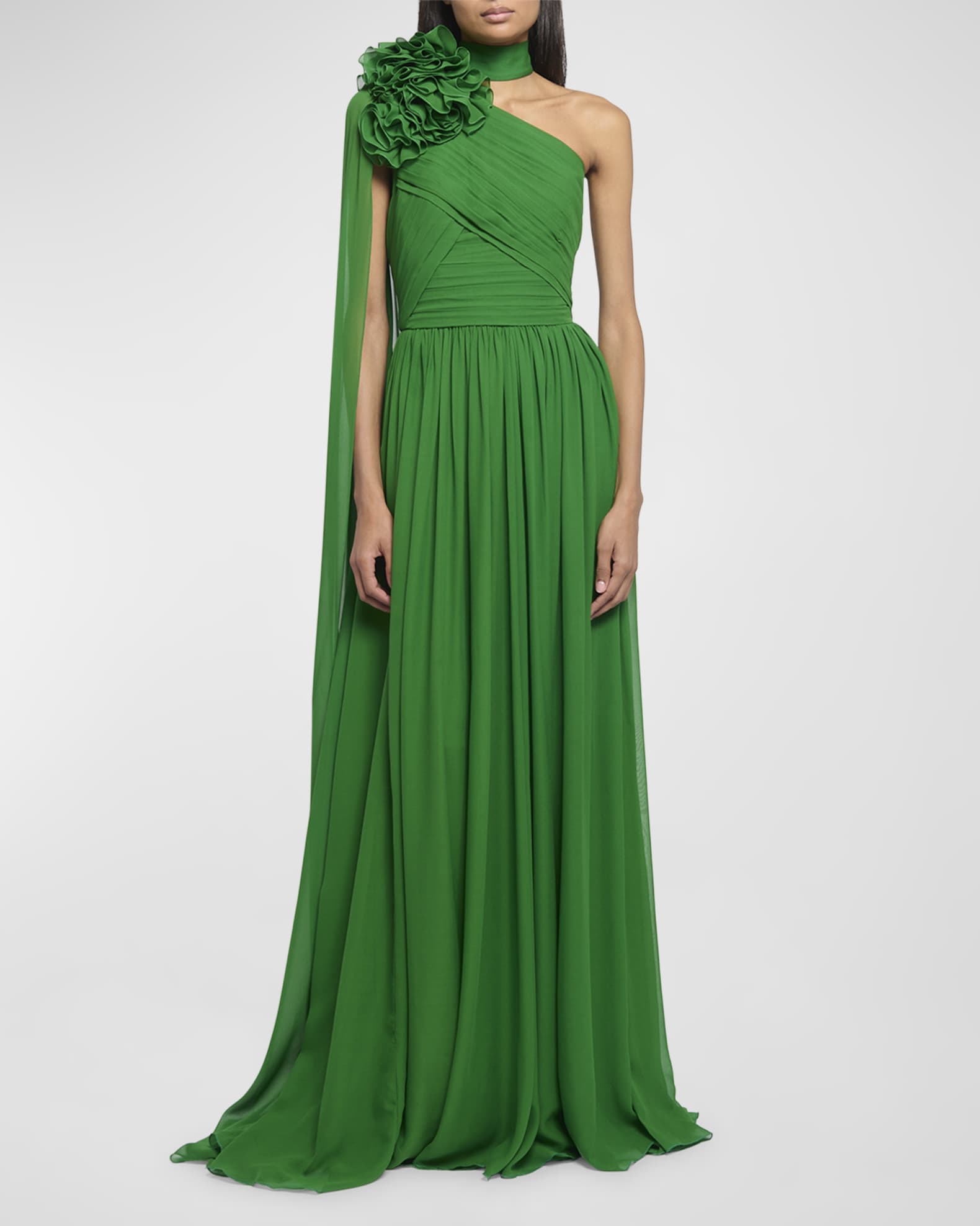 Elie Saab One-Shoulder Drape Ruffle-Neck Georgette Gown | Neiman Marcus