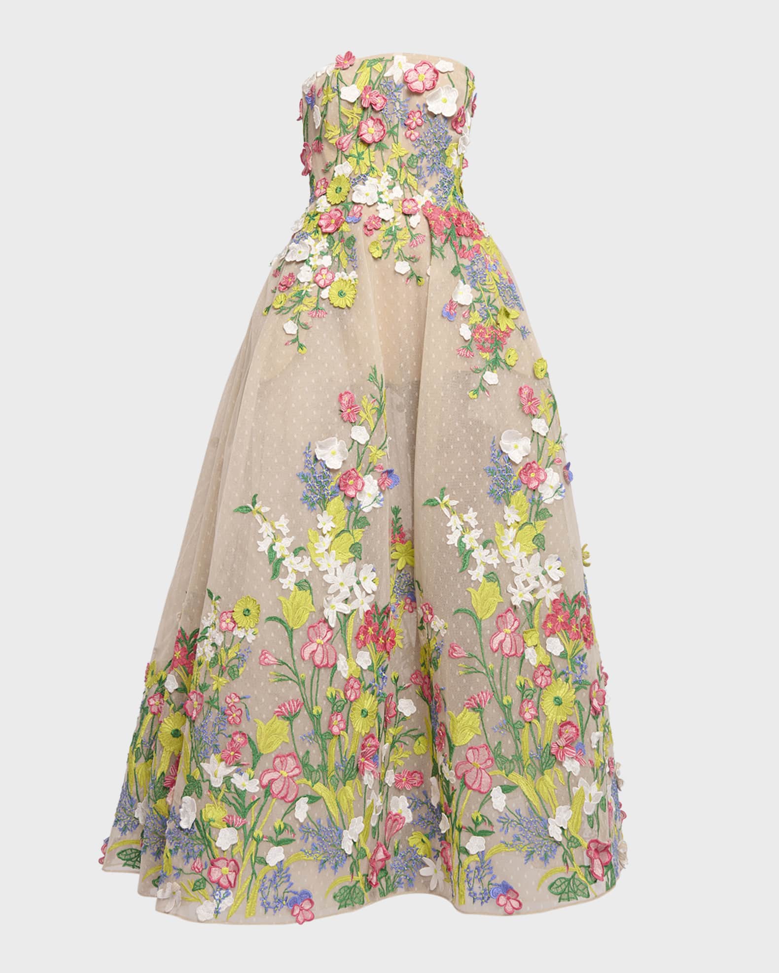 Elie Saab Floral Embroidered Swiss Dot Strapless Gown | Neiman Marcus