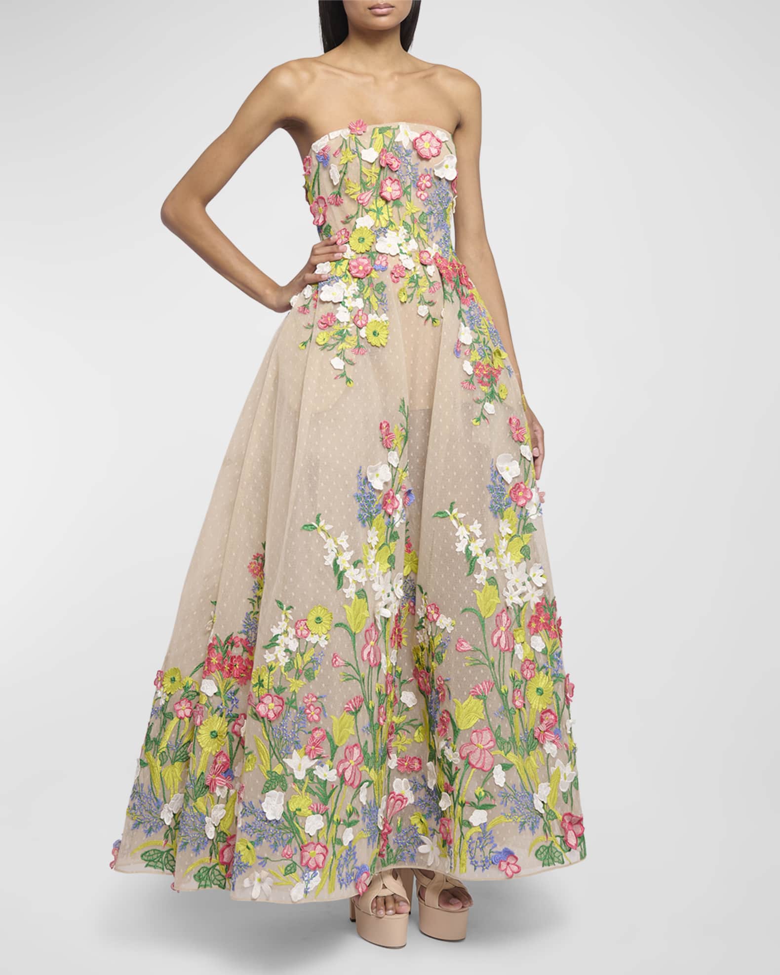 Elie Saab Floral Embroidered Swiss Dot Strapless Gown | Neiman Marcus