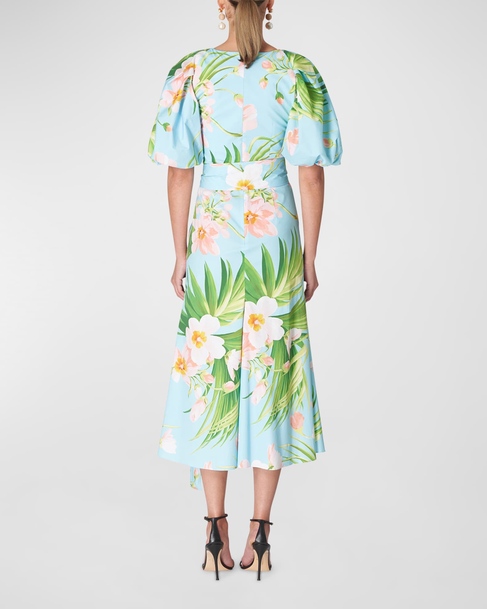 Carolina Herrera Floral-Print Ruched Front Midi Dress with Belted Waist ...
