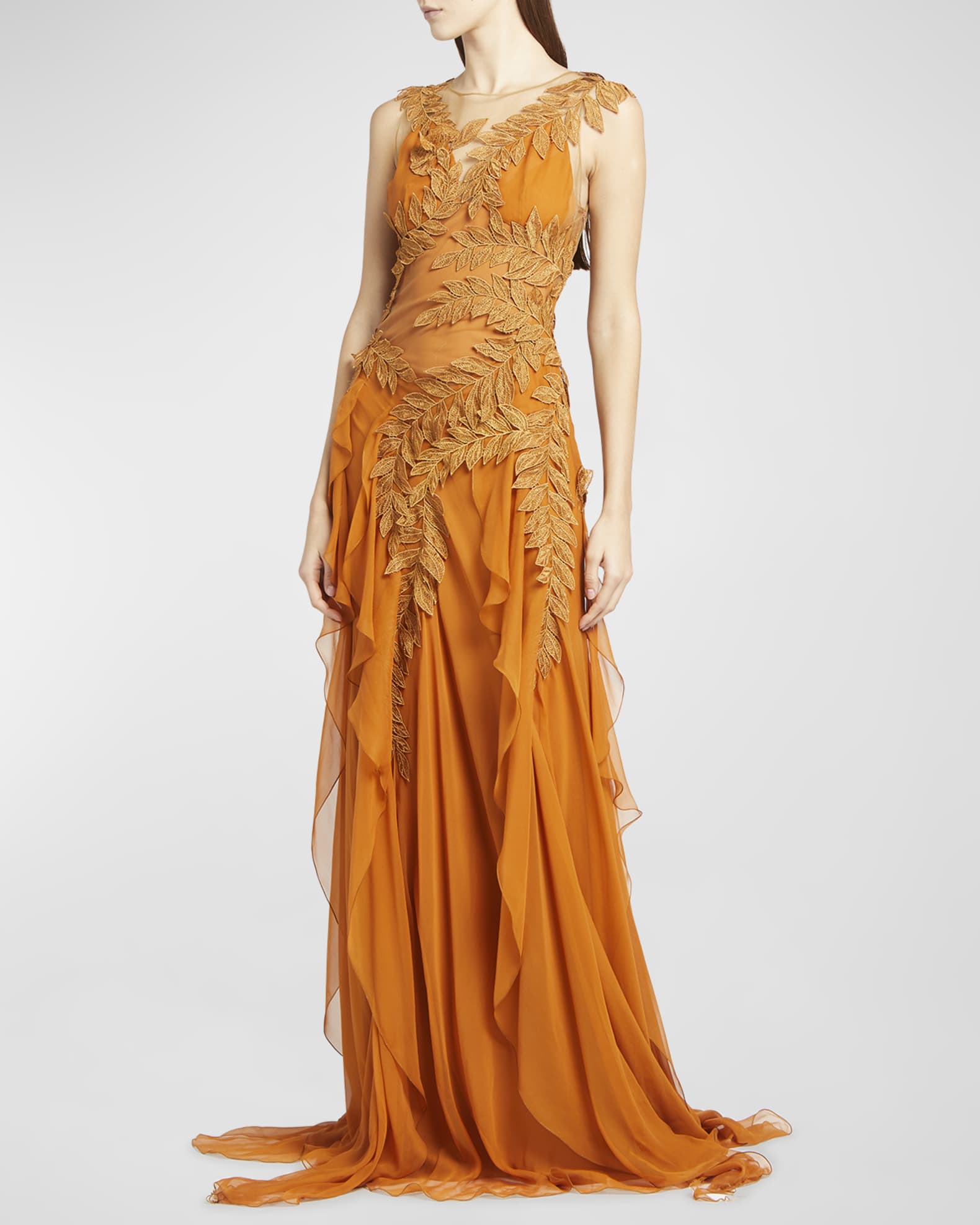 Alberta Ferretti Embroidered Organic Chiffon Illusion Gown | Neiman Marcus