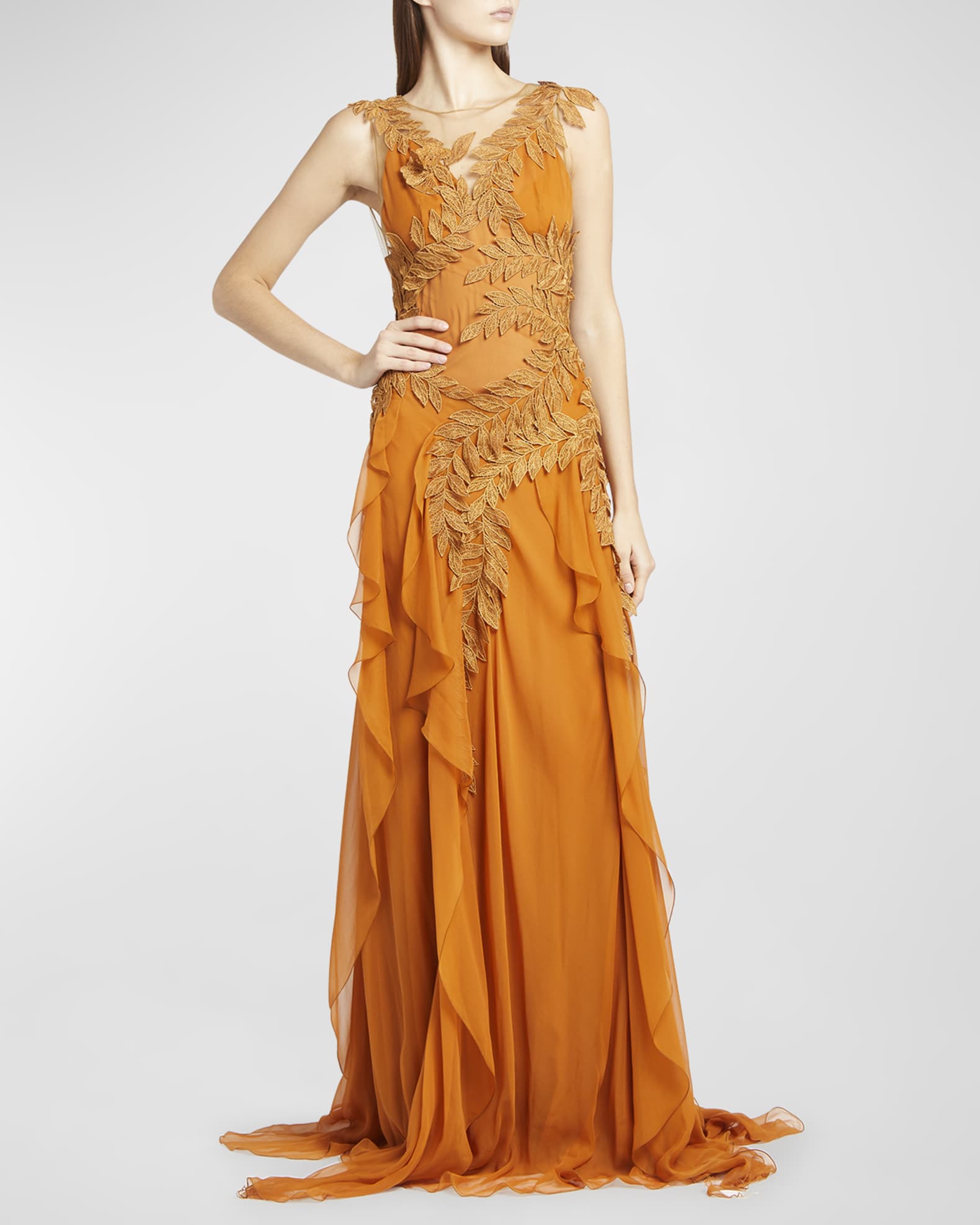 Alberta Ferretti Embroidered Organic Chiffon Illusion Gown | Neiman Marcus