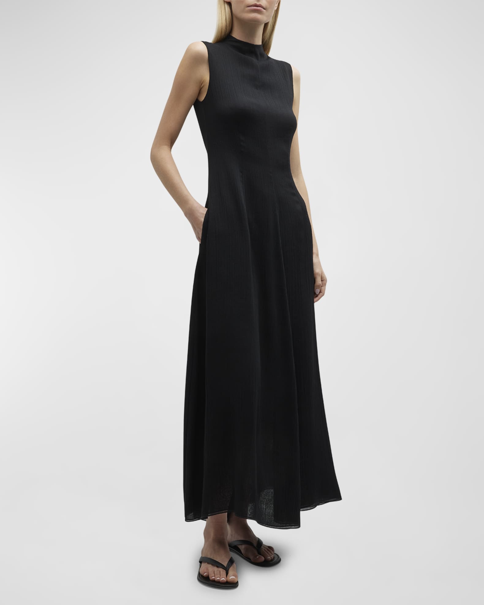 THE ROW Oliva Crinkled A-Line Mock-Neck Maxi Dress | Neiman Marcus