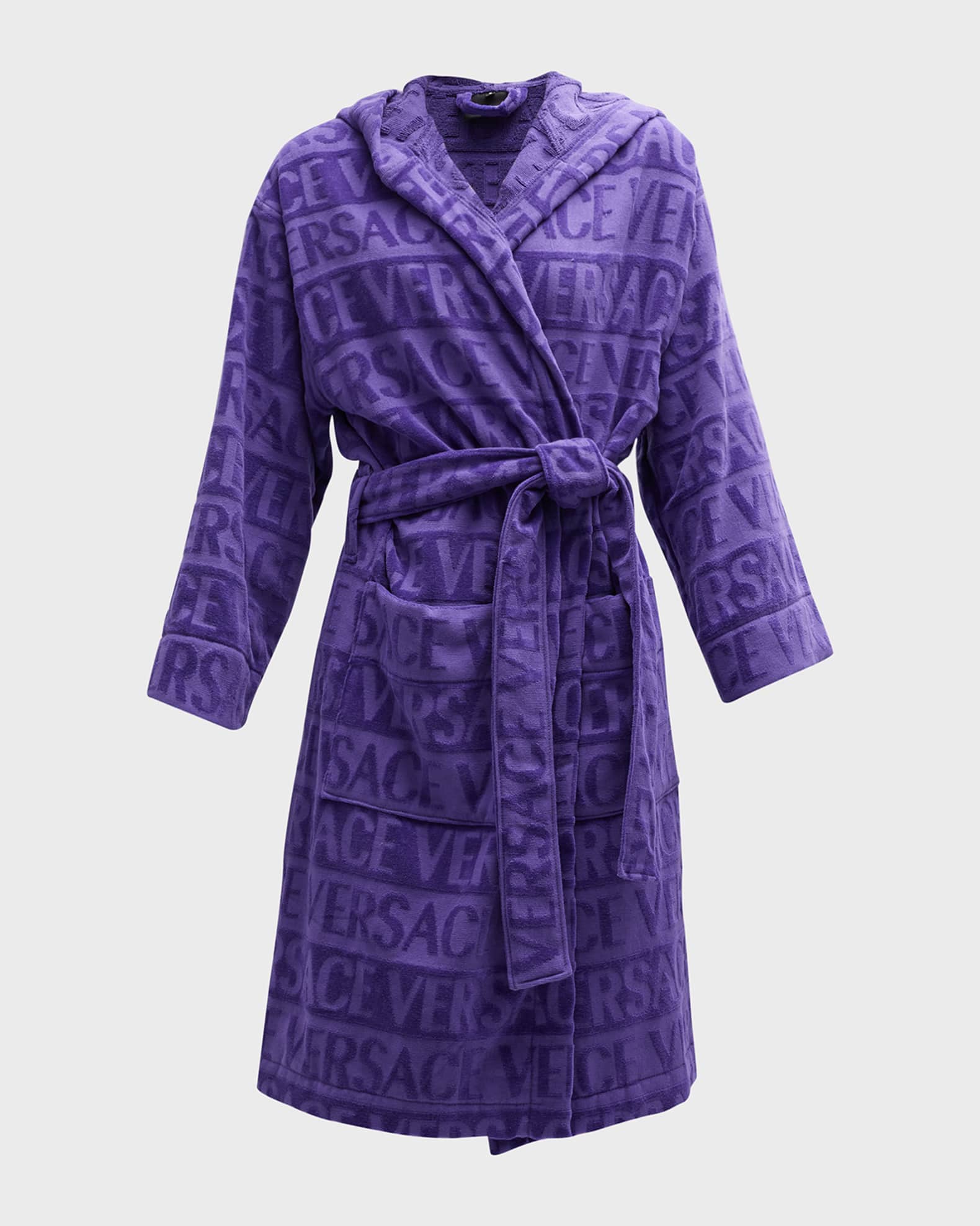 Versace Hooded Crystal-Embellished Logo Robe | Neiman Marcus