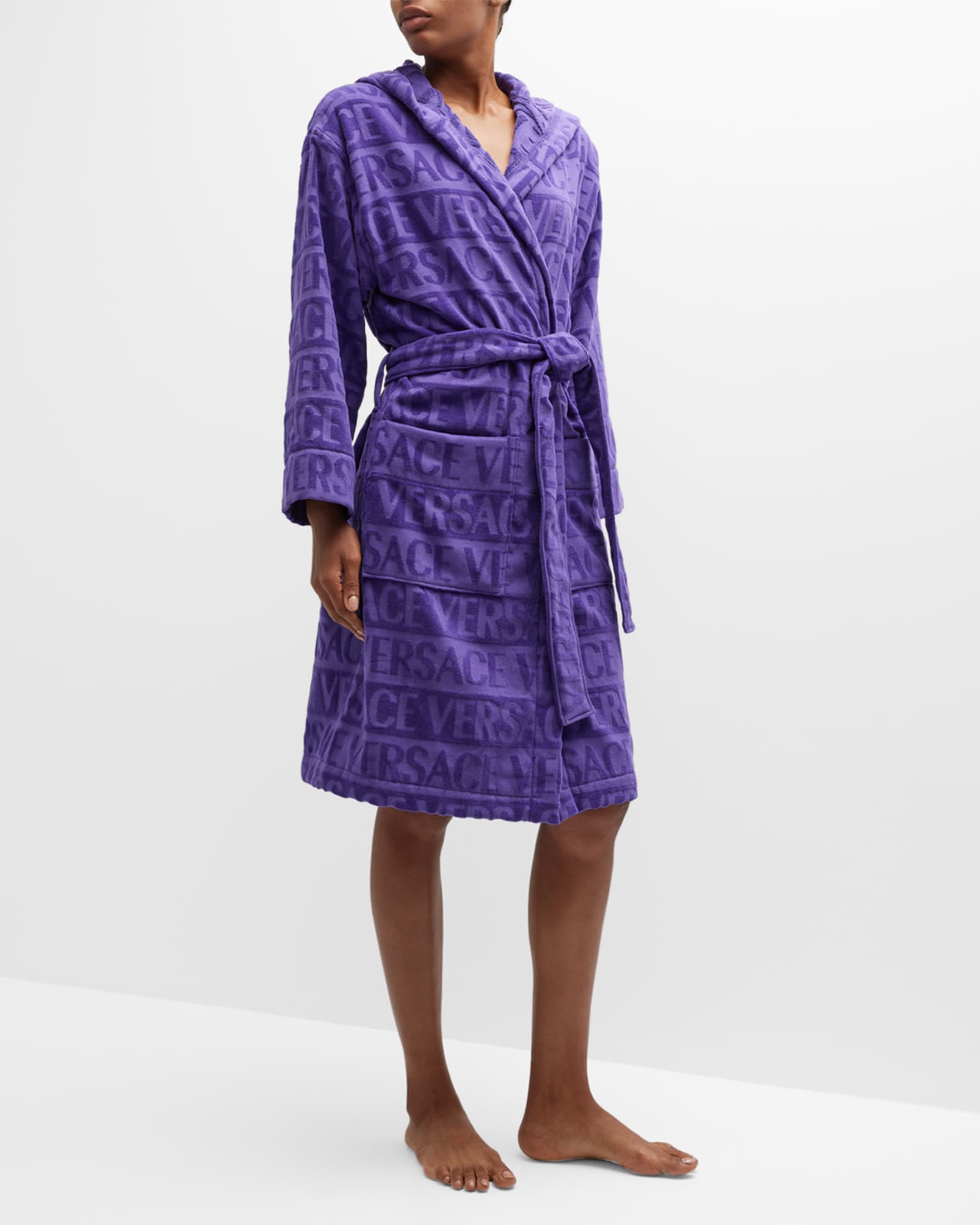 Versace Hooded Crystal-Embellished Logo Robe | Neiman Marcus