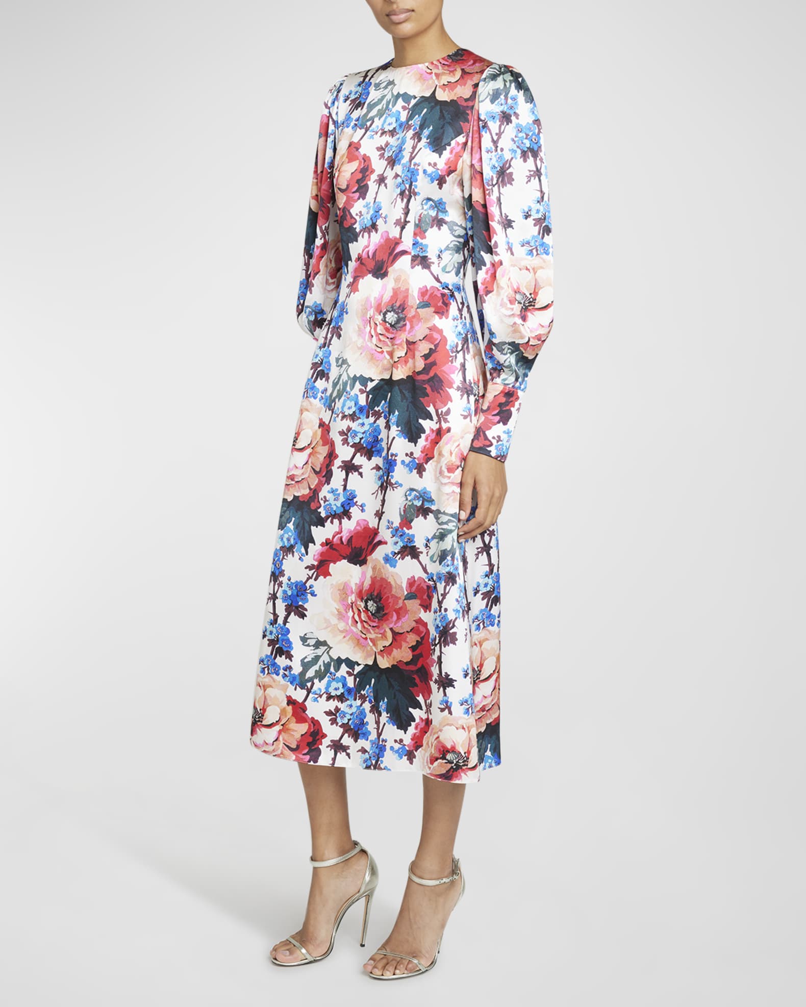 Andrew Gn Floral Print Belted Puff Sleeve Silk Midi Dress Neiman Marcus