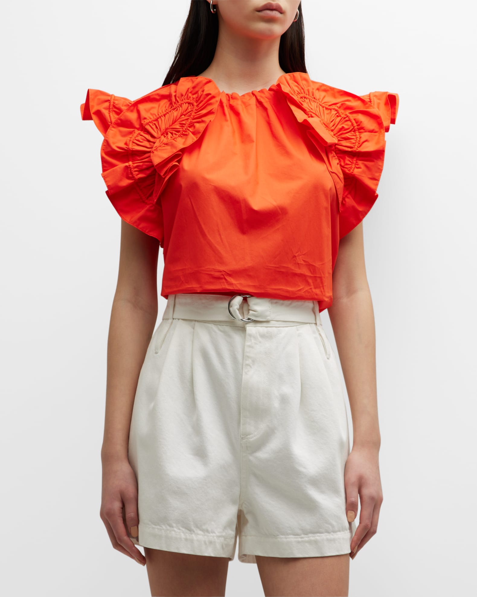 Ulla Johnson Elora Ruffle-Sleeve Cotton Poplin Top | Neiman Marcus