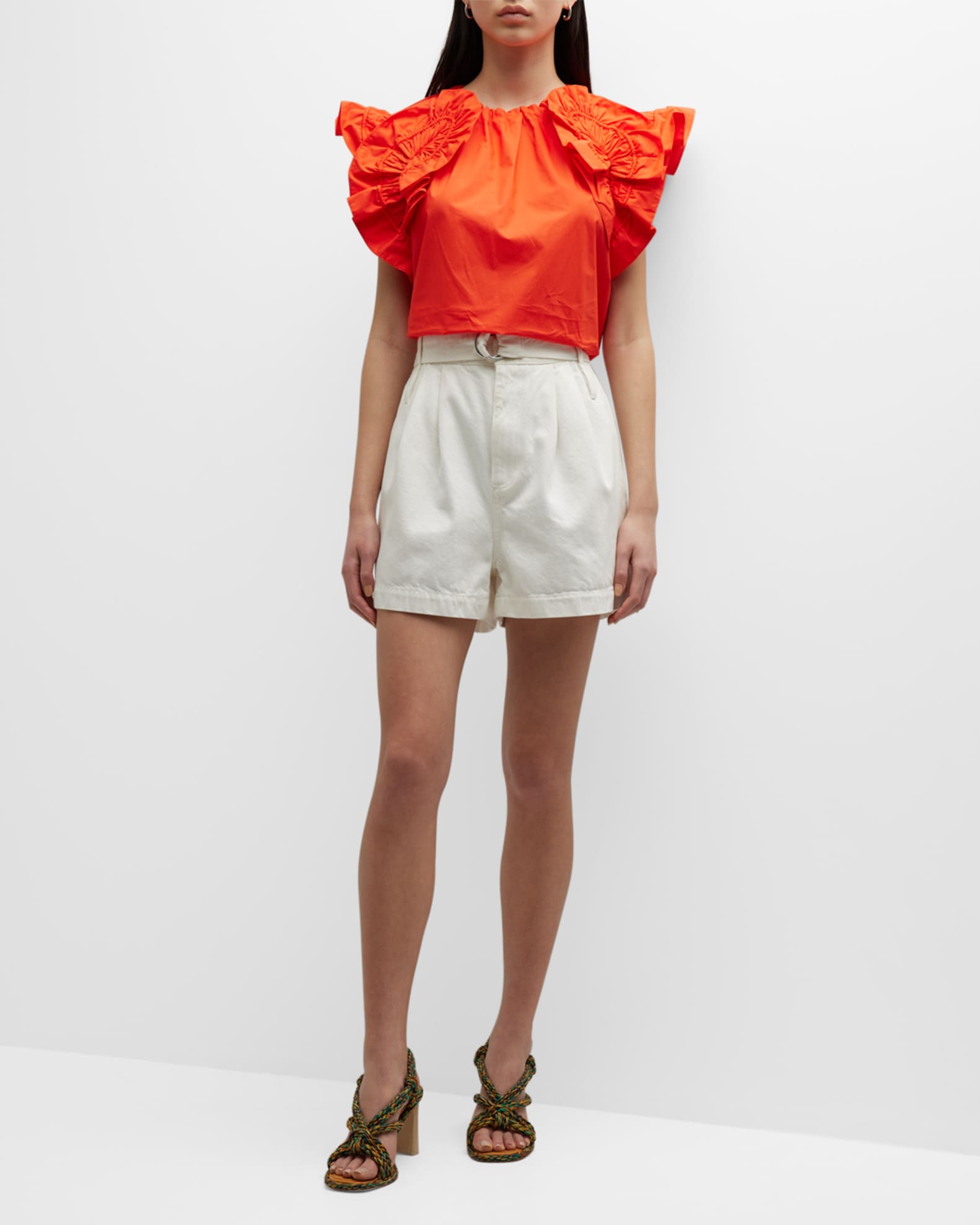 Ulla Johnson Elora Ruffle-Sleeve Cotton Poplin Top | Neiman Marcus