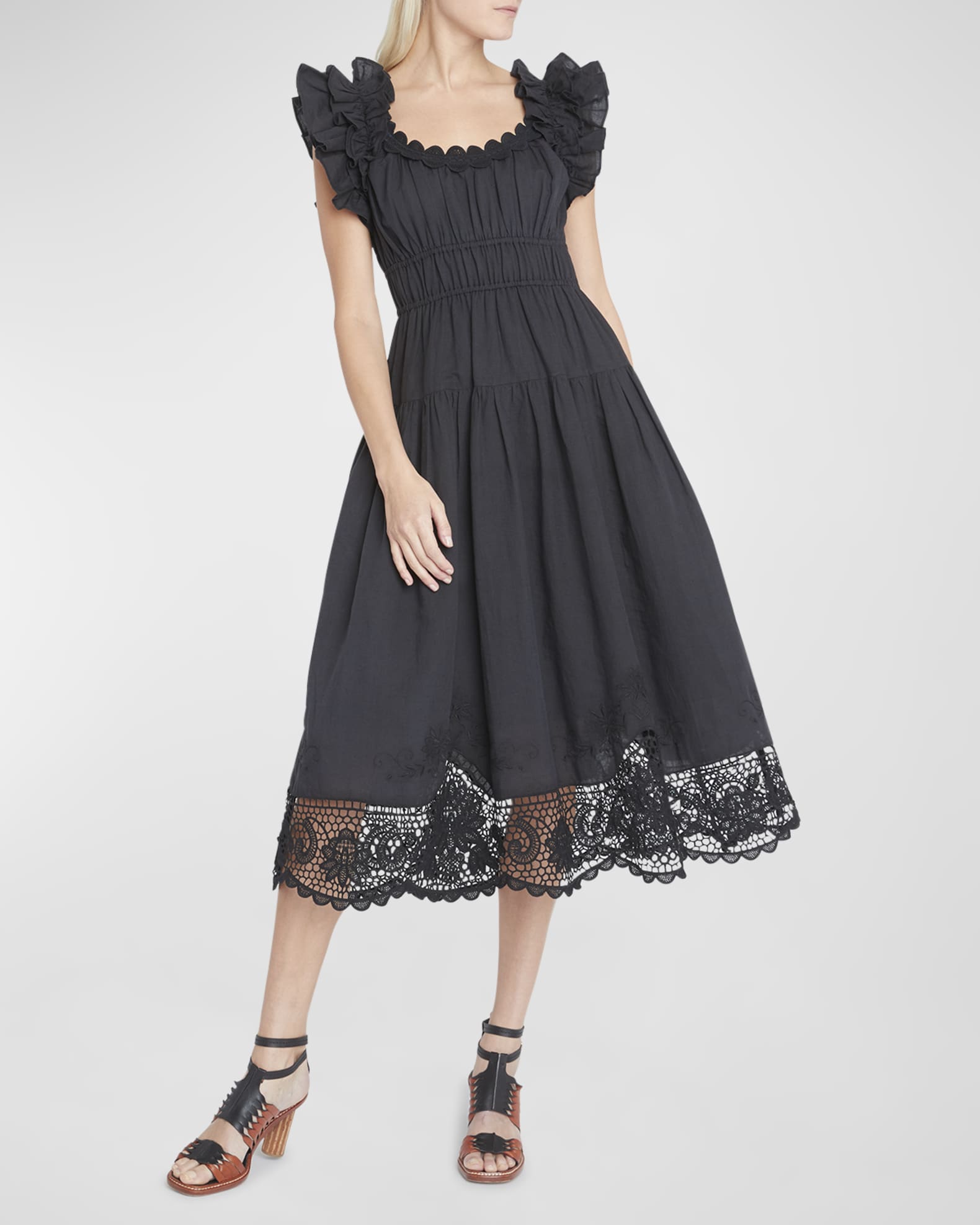 Ulla Johnson Leona Cotton-Linen Lace-Hem Midi Dress | Neiman Marcus