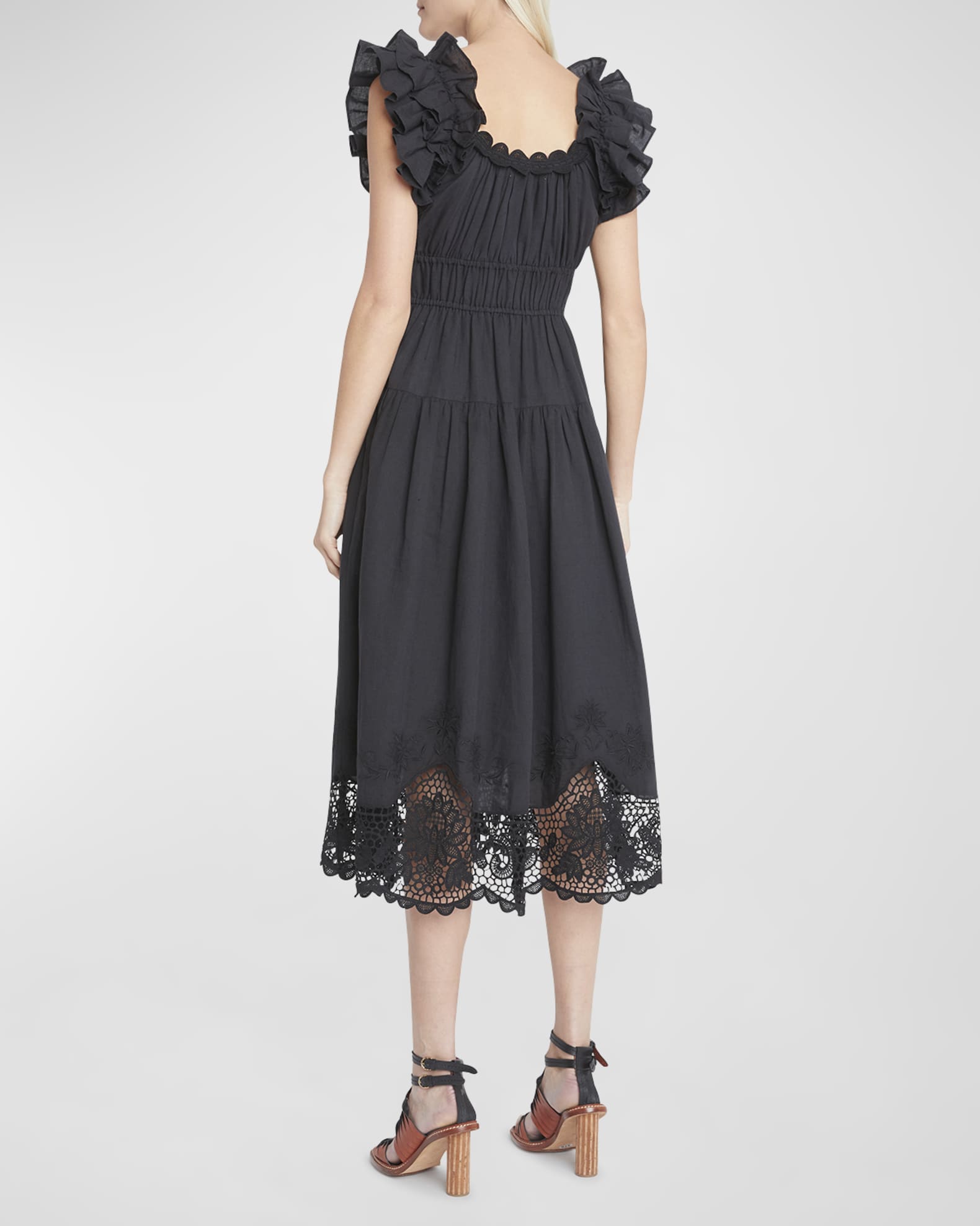 Ulla Johnson Leona Cotton-Linen Lace-Hem Midi Dress | Neiman Marcus