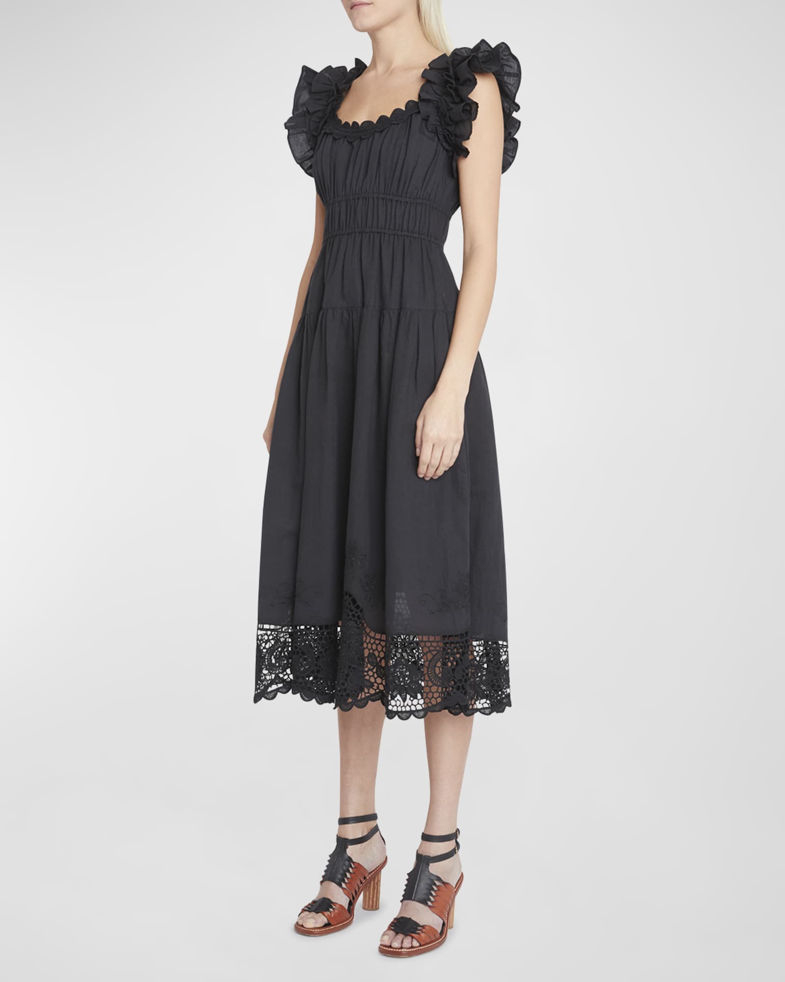 Ulla Johnson Leona Cotton-Linen Lace-Hem Midi Dress | Neiman Marcus