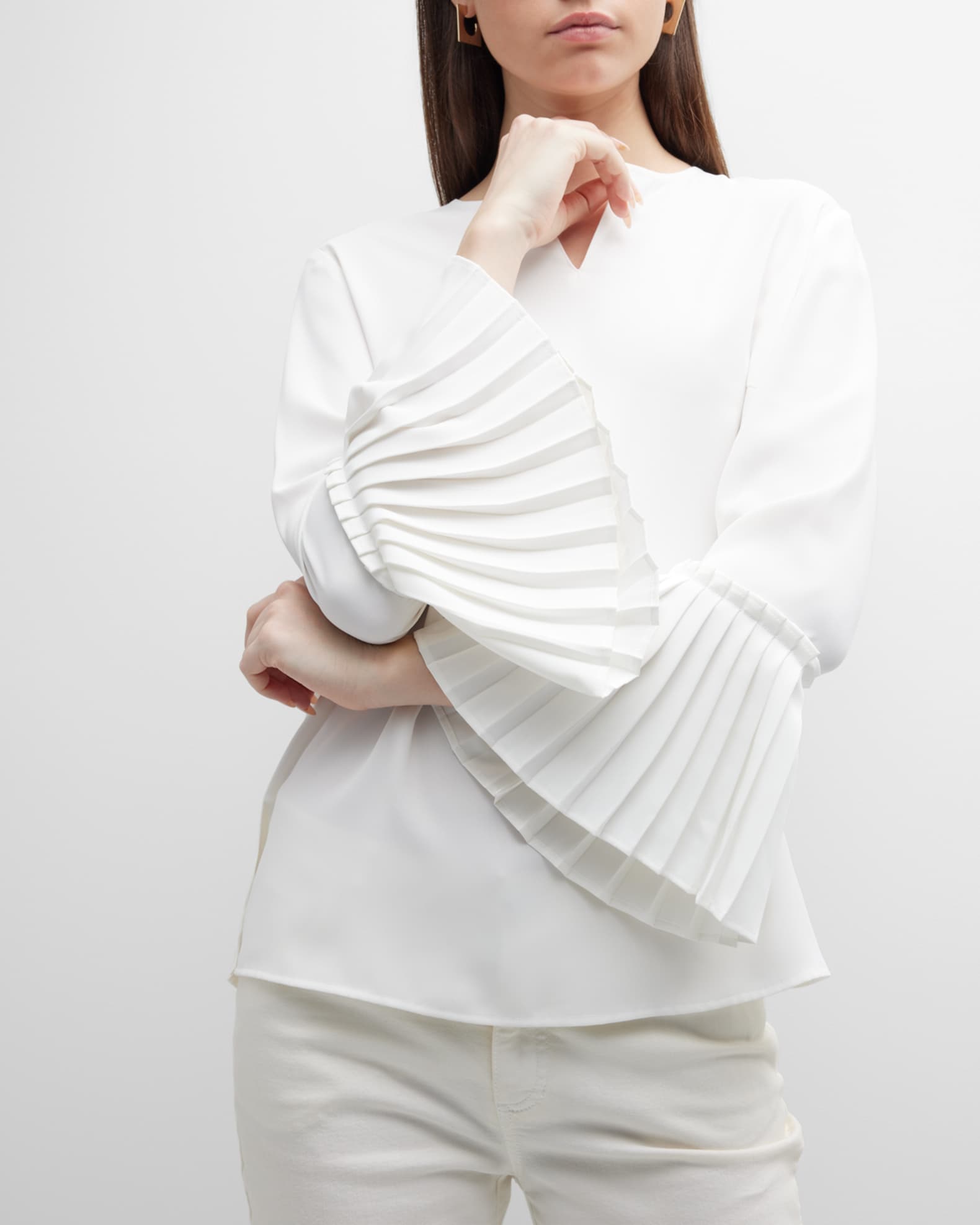 Misook Pleated Bell-Sleeve Split-Neck Blouse | Neiman Marcus