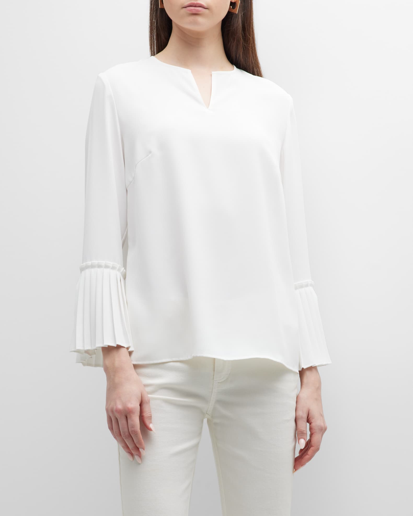 Misook Pleated Bell-Sleeve Split-Neck Blouse | Neiman Marcus