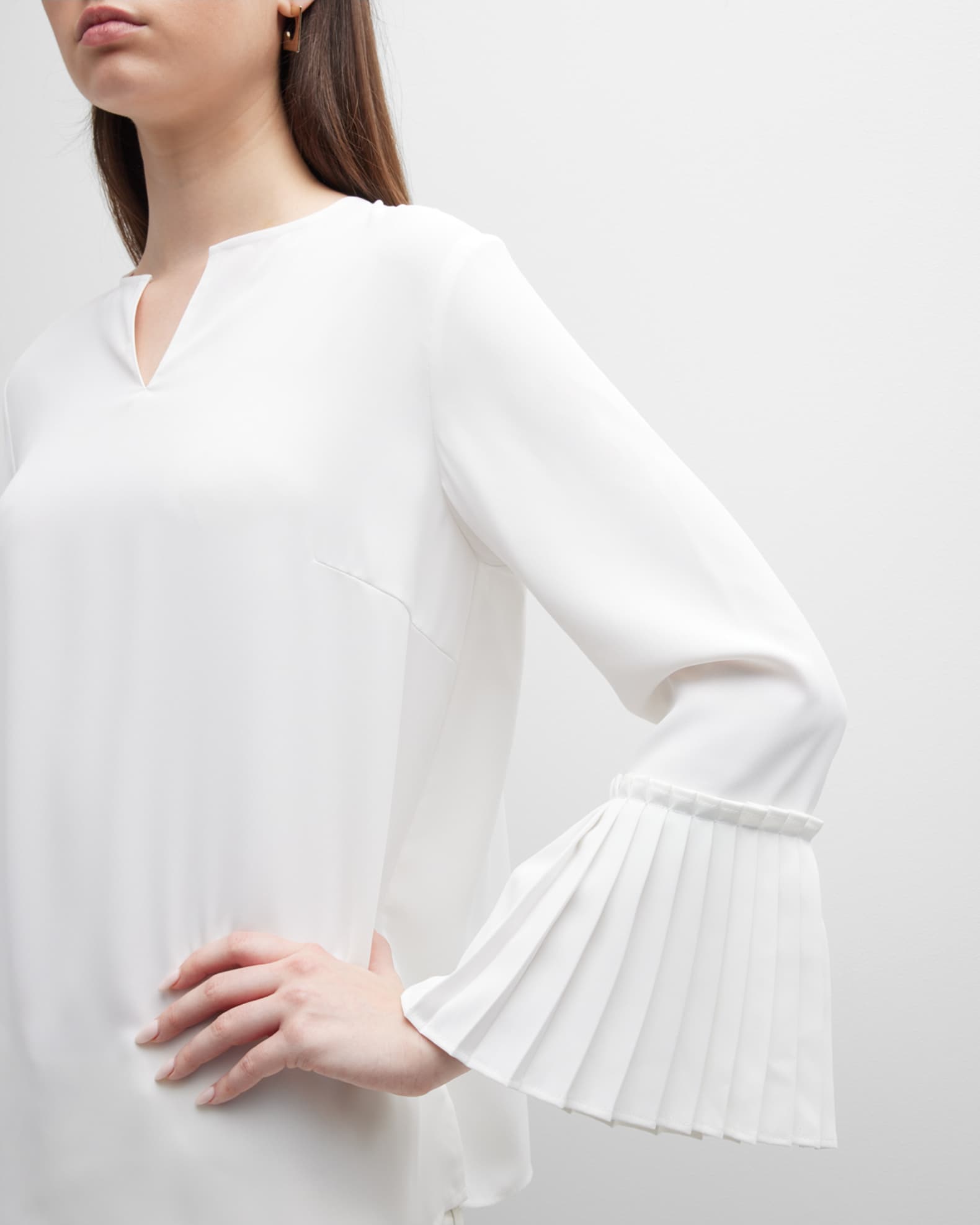 Misook Pleated Bell-Sleeve Split-Neck Blouse | Neiman Marcus