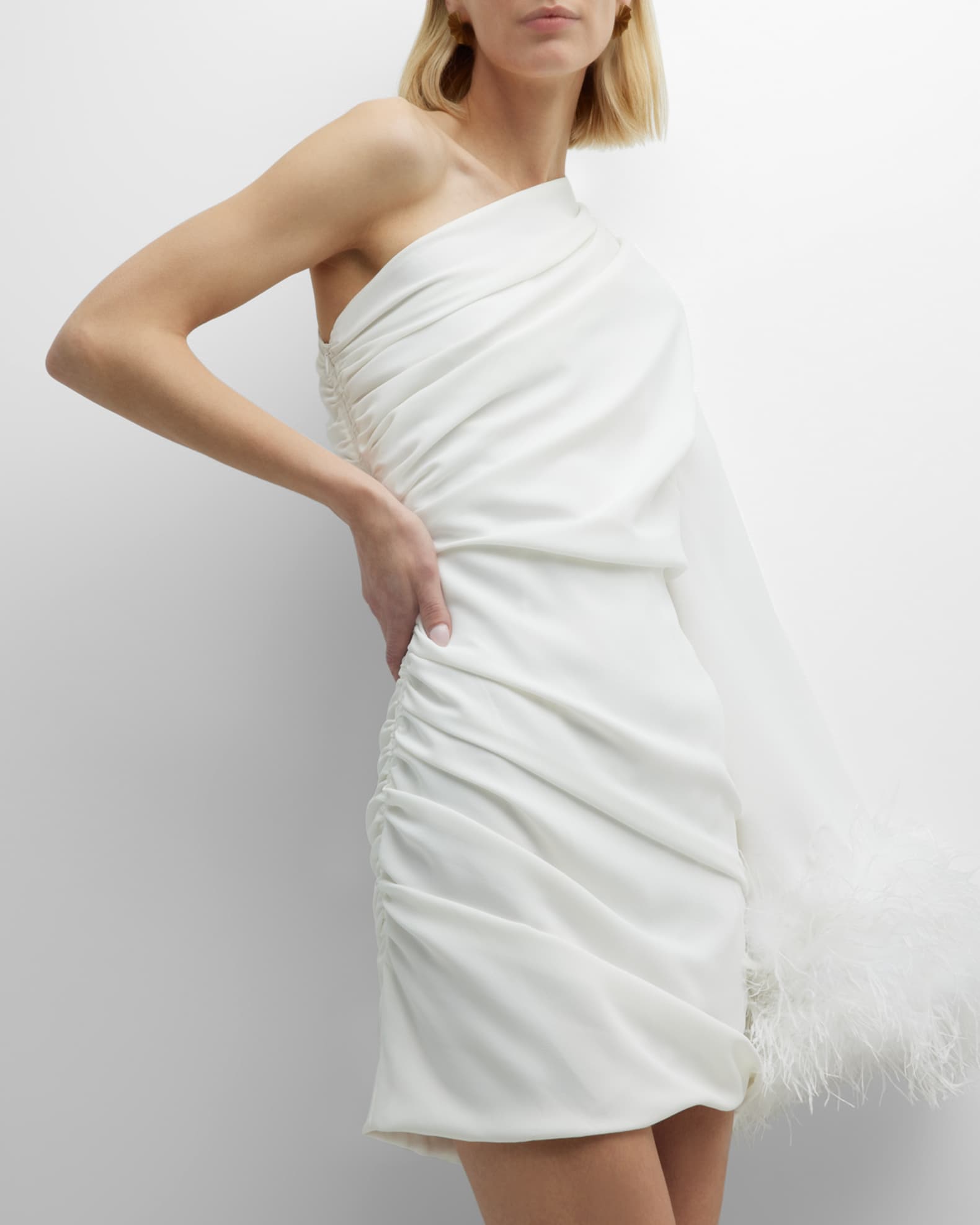 GIGII'S Aden Ruched One-Shoulder Feather-Cuff Dress | Neiman Marcus
