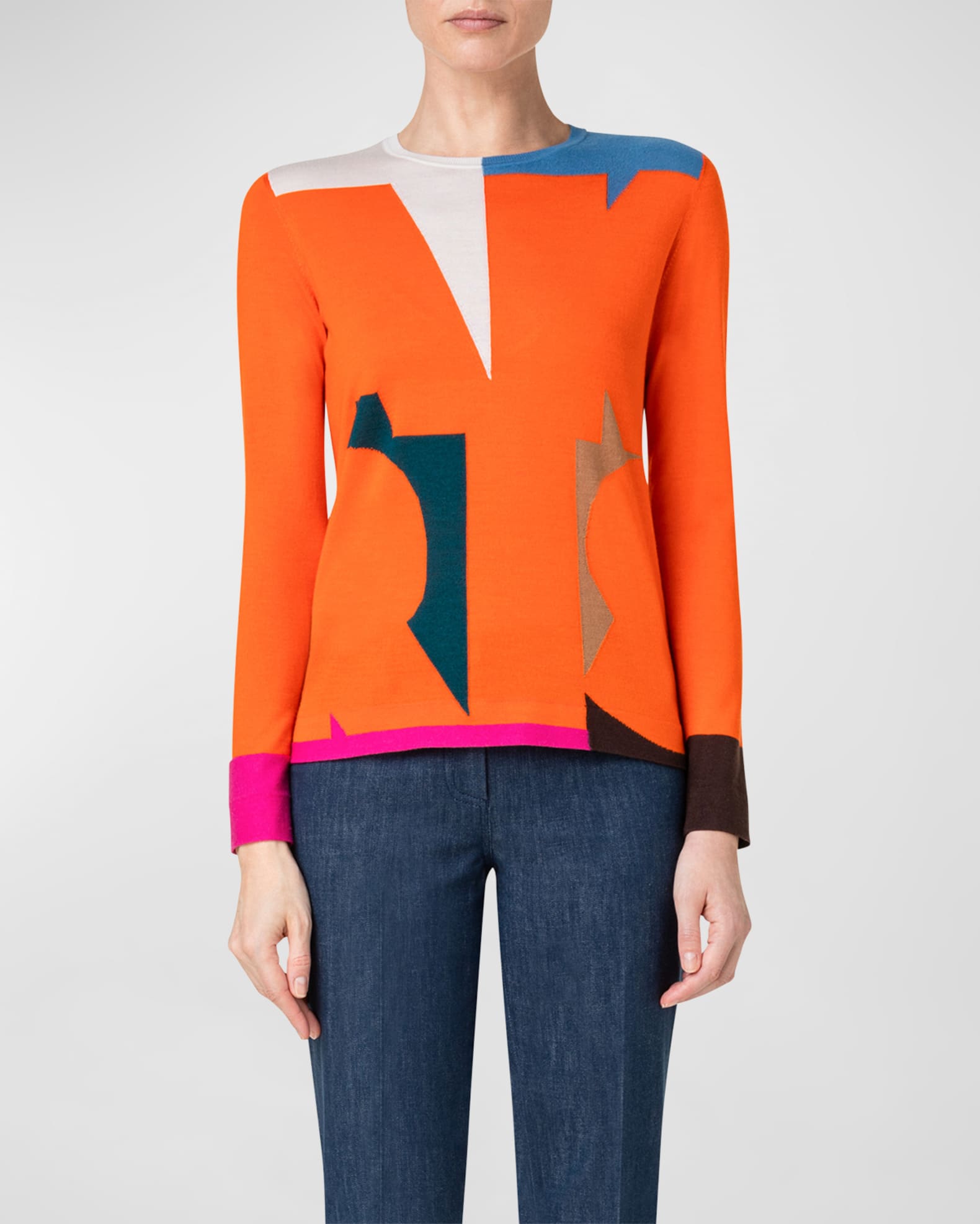 Akris Wool-Blend Knit Sweater with Colorblock Intarsia Detail | Neiman ...