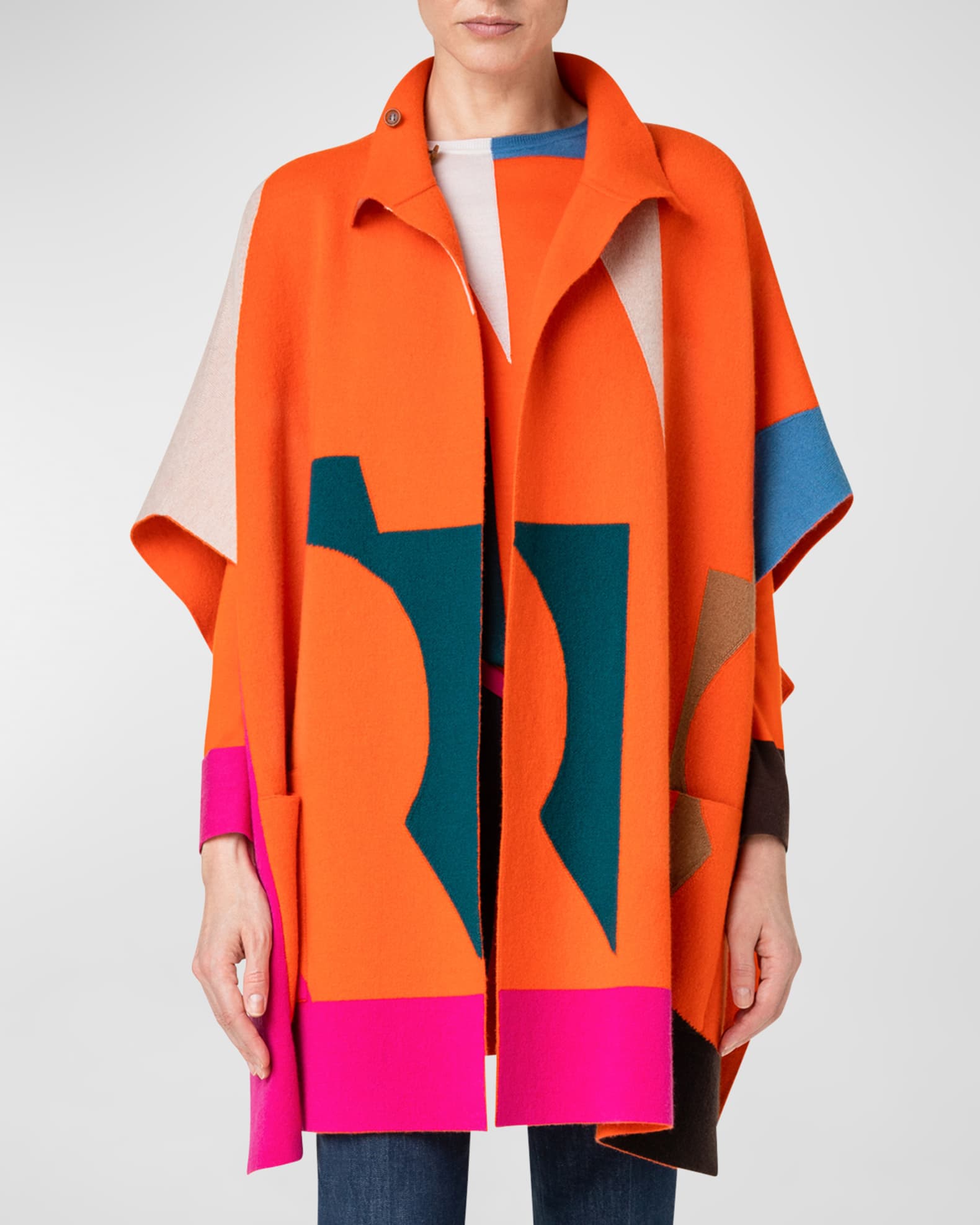 Akris Reversible Cashmere Knit Cape with Colorblock Intarsia Detail ...