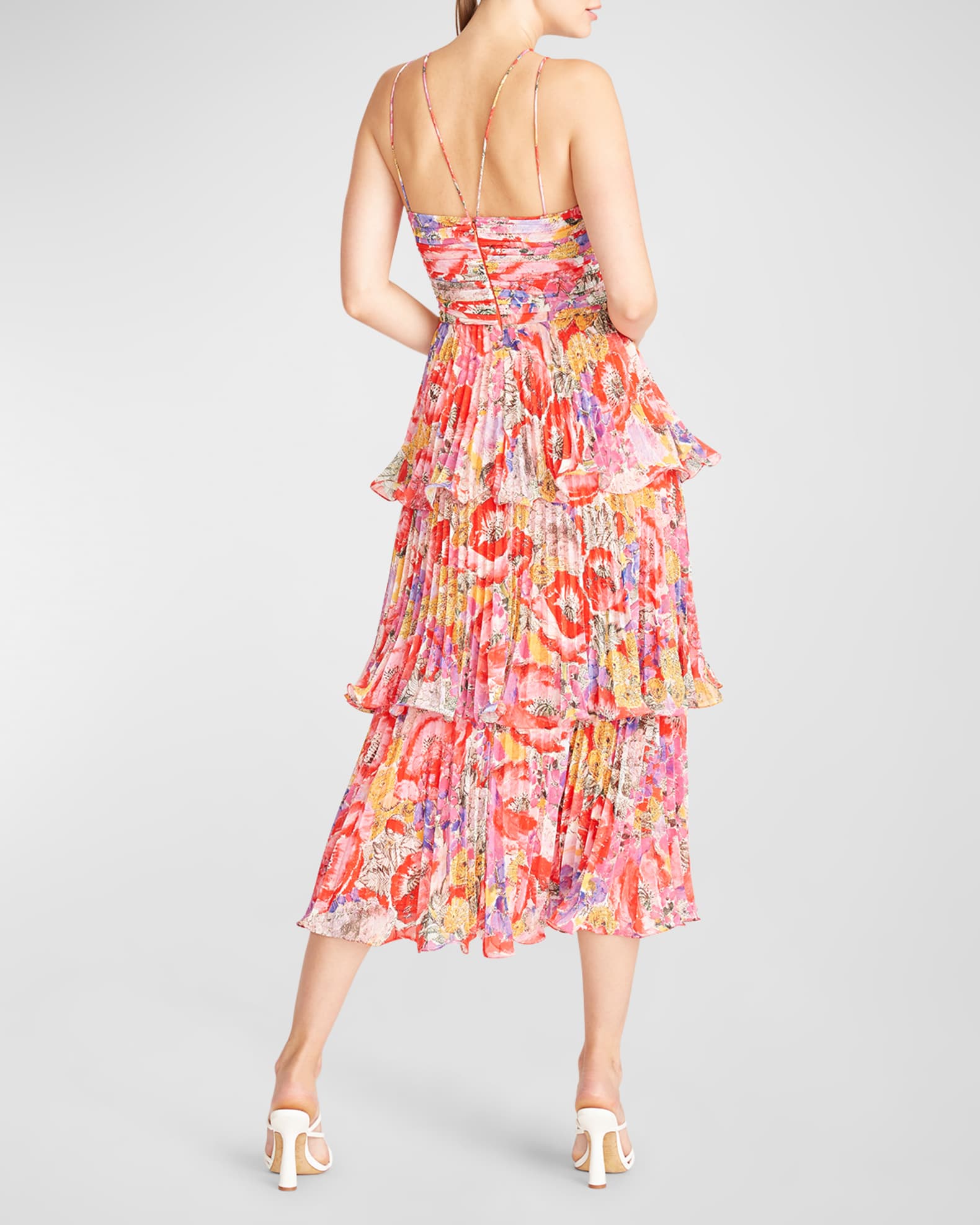 AMUR Luke Pleated Frill Tiered Floral Midi Dress | Neiman Marcus
