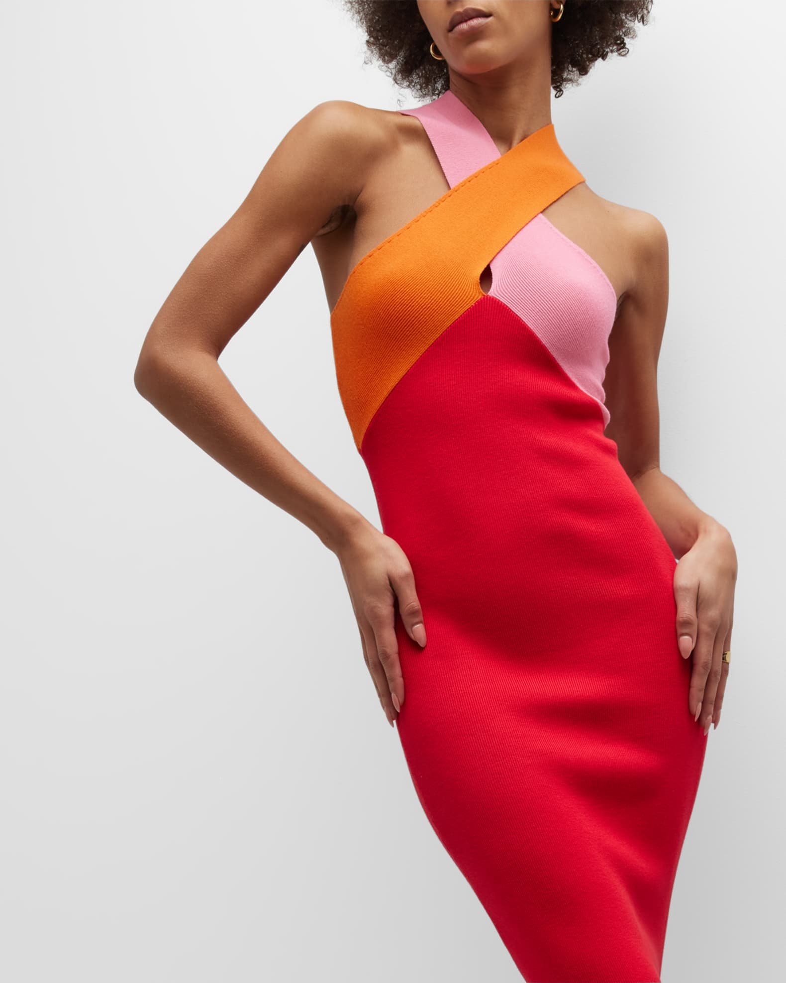 Le Superbe Dragon Fruit Colorblock Halter Midi Dress | Neiman Marcus