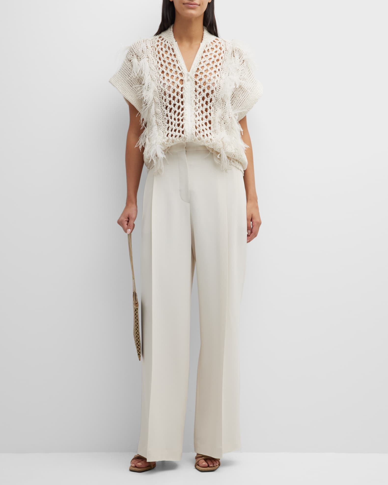 Brunello Cucinelli Feather-Trim Cap-Sleeve Jute Cotton Opera-Knit Zip ...