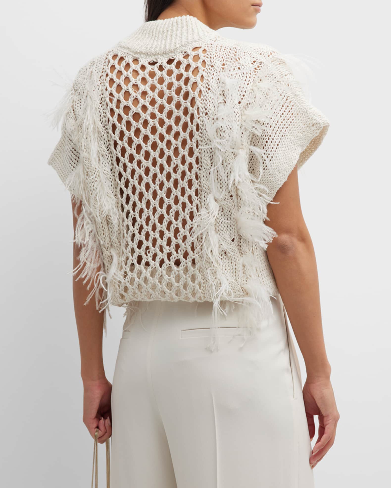 Brunello Cucinelli Feather-Trim Cap-Sleeve Jute Cotton Opera-Knit Zip ...