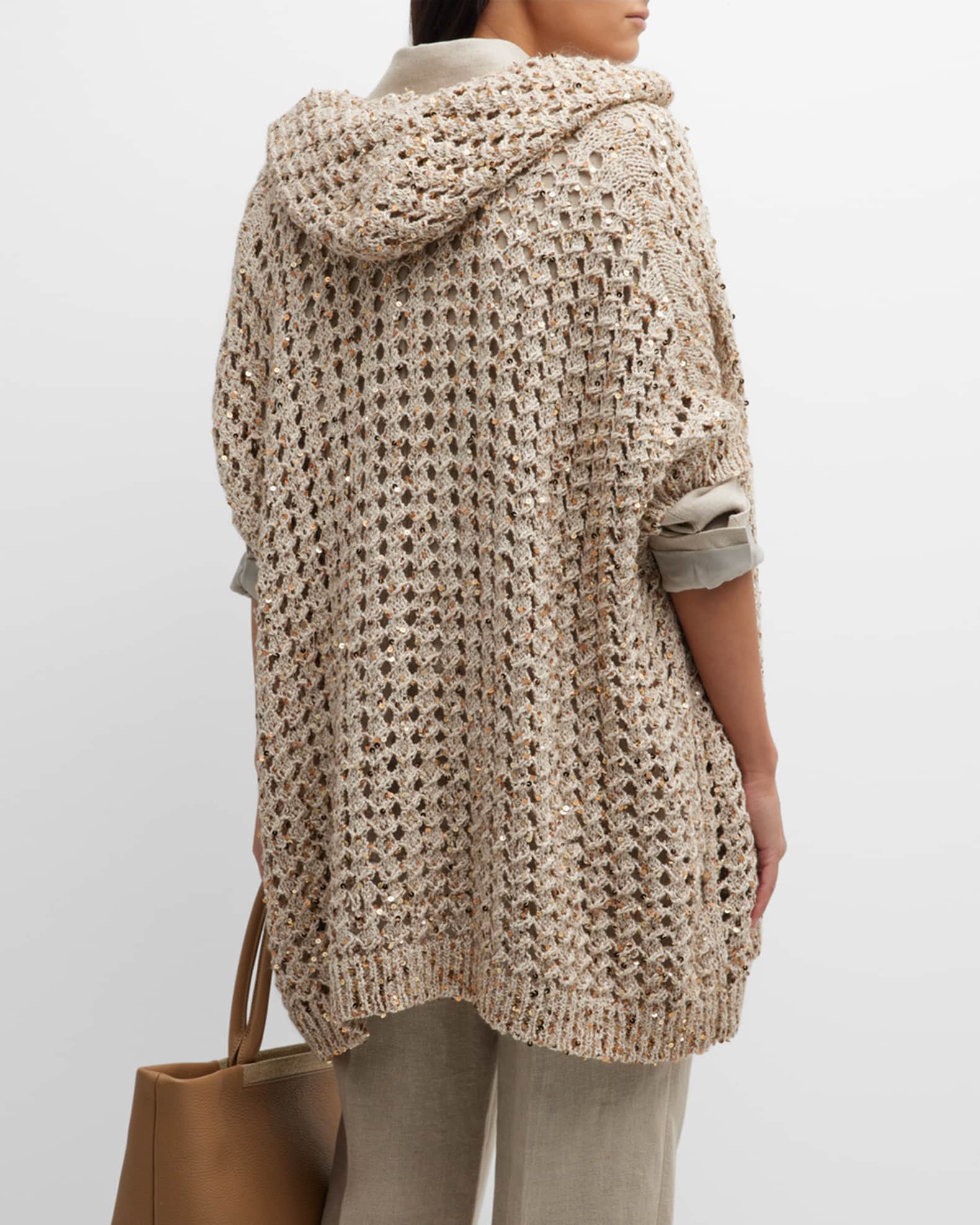 Brunello Cucinelli Metallic Paillette Crochet-Knit Hooded Poncho ...