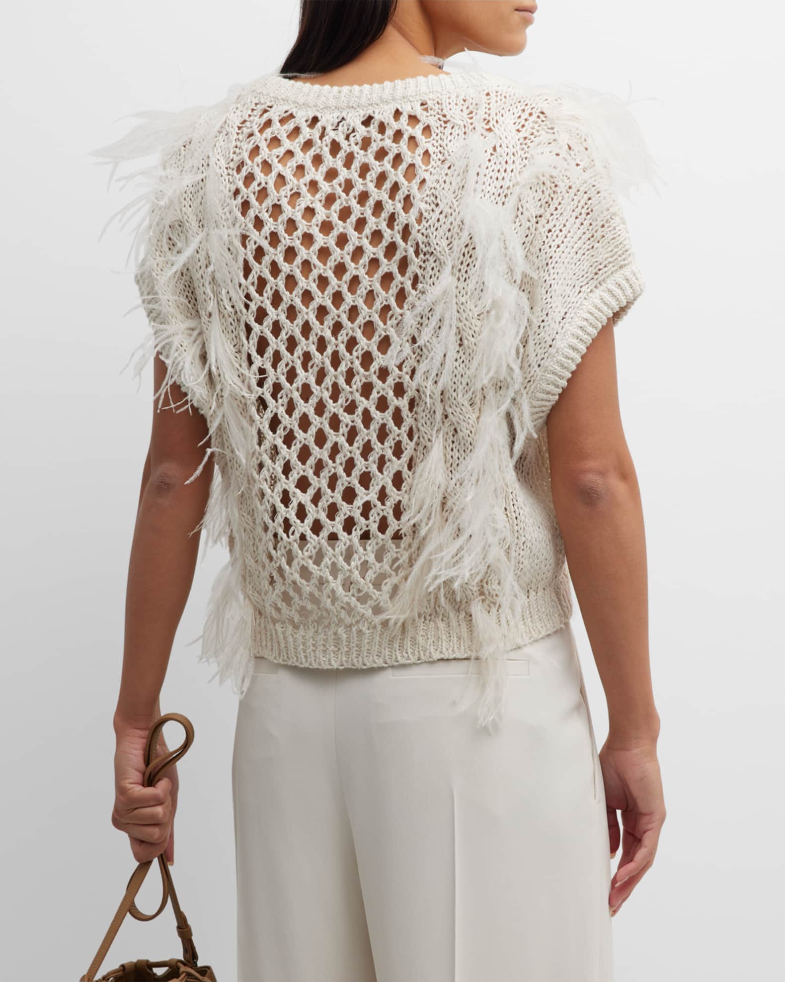 Brunello Cucinelli Feather-Trim Jute Cotton Opera-Knit Cap-Sleeve ...