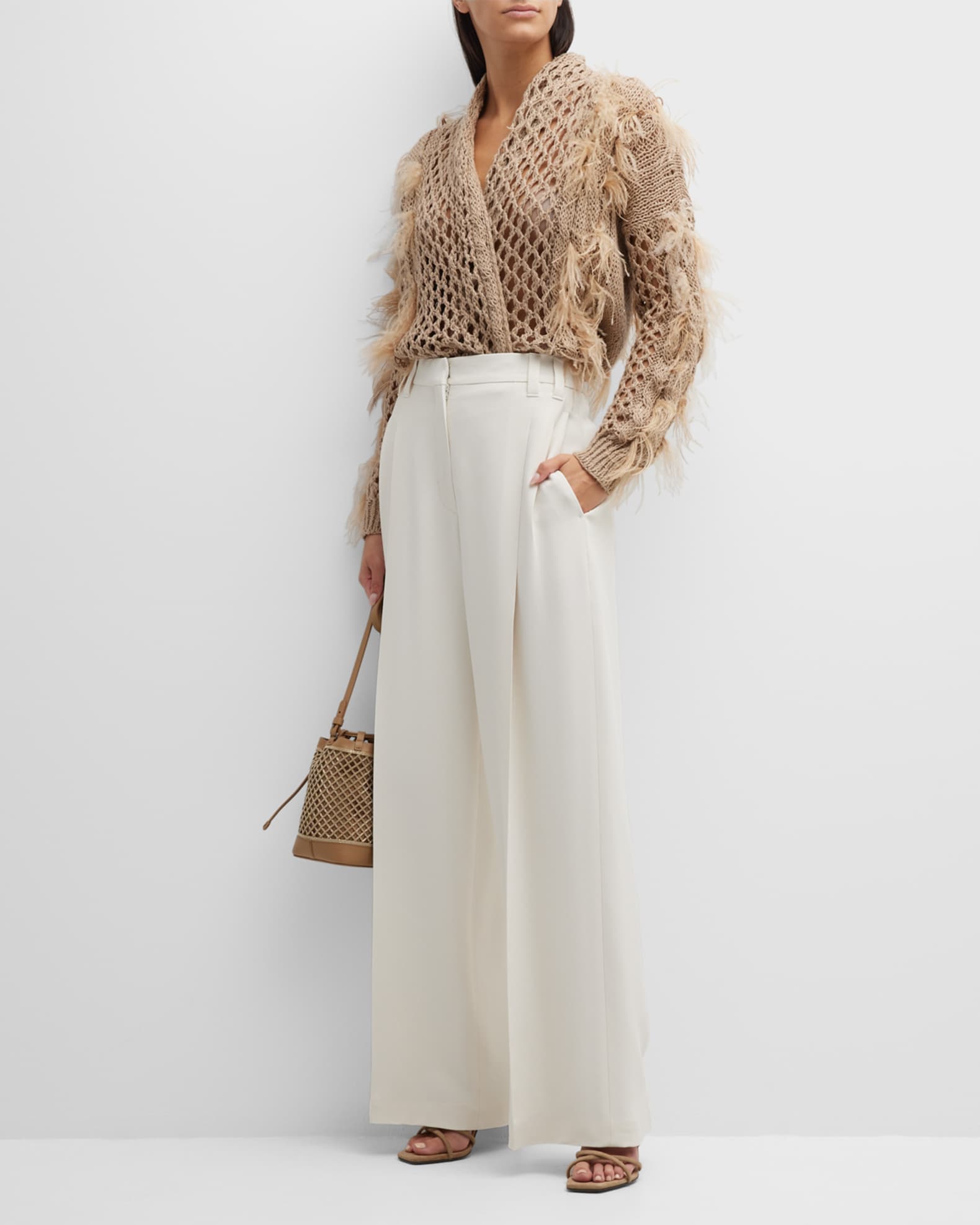 Brunello Cucinelli Feather-Trim Jute-Blend Opera Knit Crop Cardigan ...