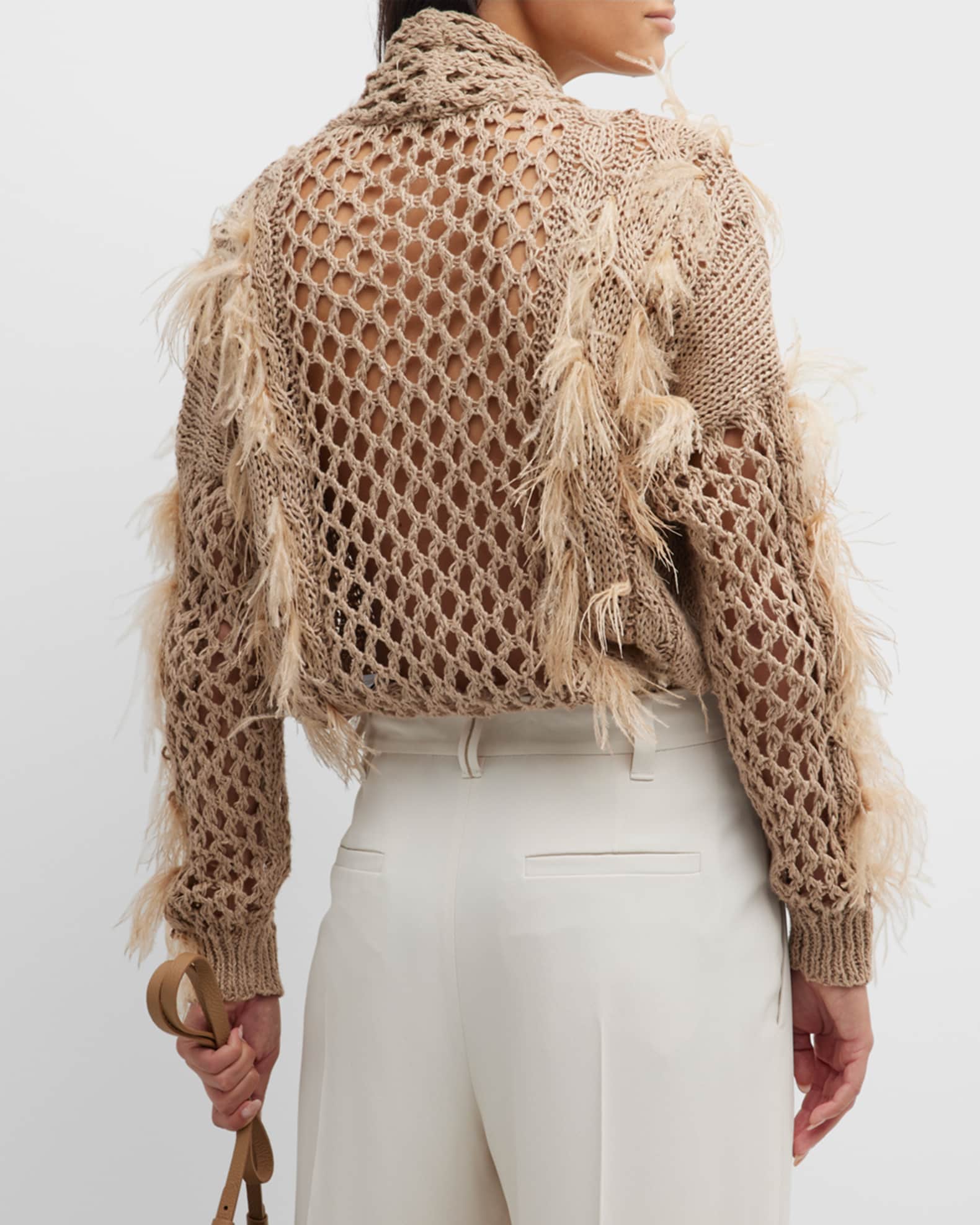 Brunello Cucinelli Feather-Trim Jute-Blend Opera Knit Crop Cardigan ...