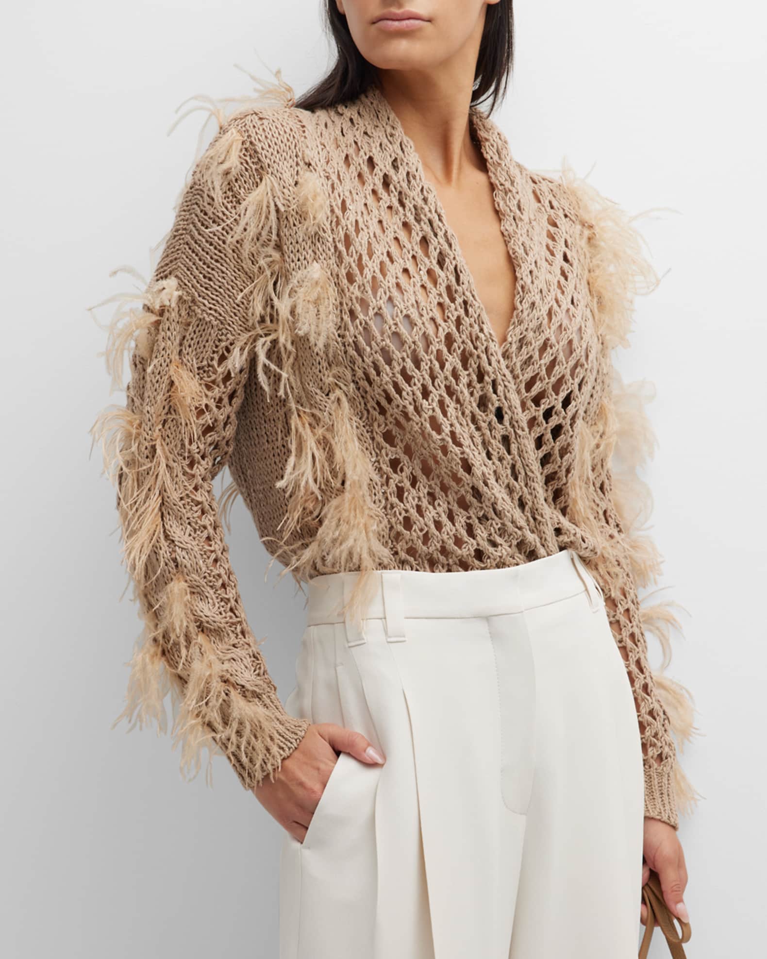 Brunello Cucinelli Feather-Trim Jute-Blend Opera Knit Crop Cardigan ...