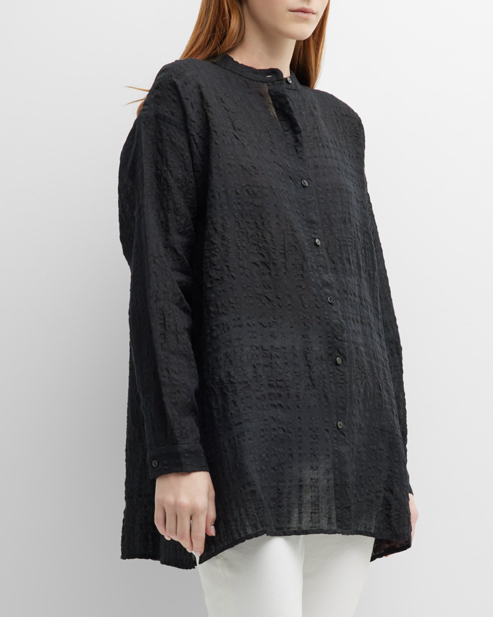 Eileen Fisher Button-Down Textured Plaid Shirt | Neiman Marcus