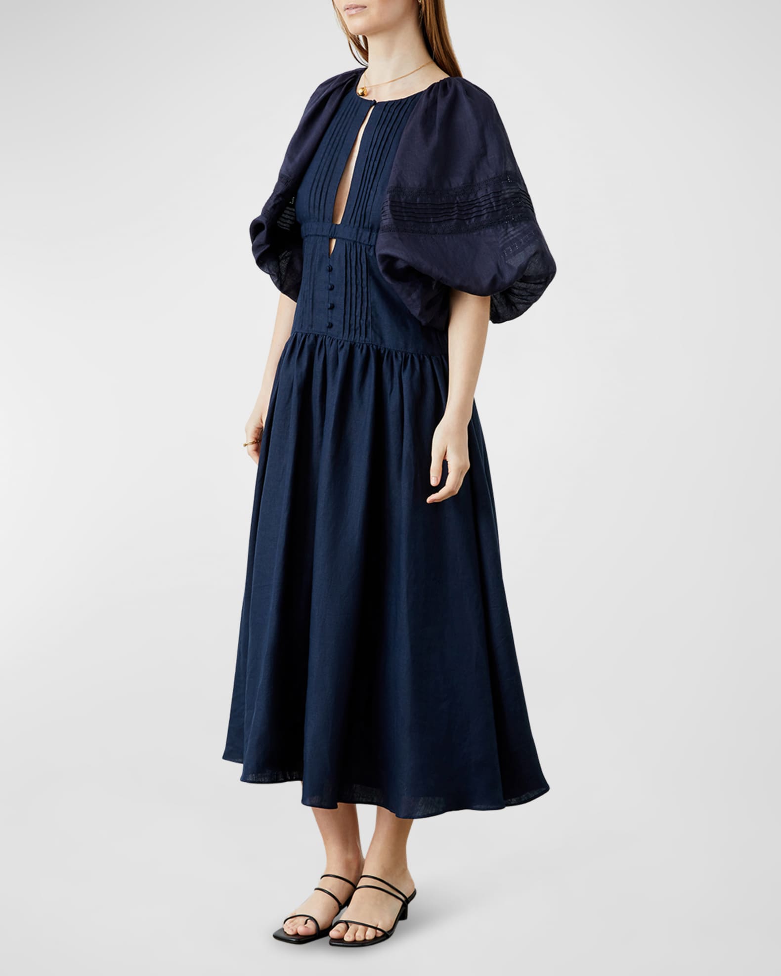 JOSLIN Ivana Pintuck Cutout Linen Midi Dress | Neiman Marcus