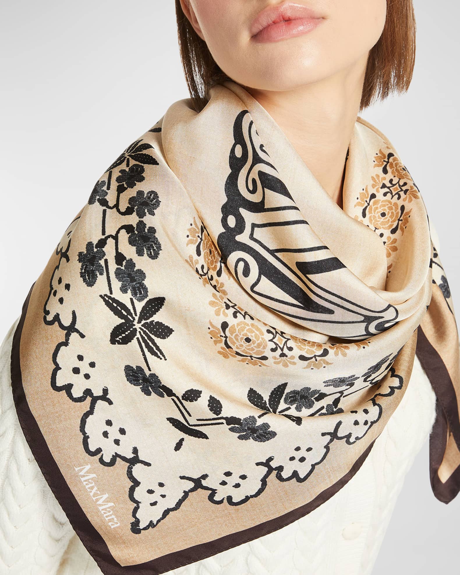 Max Mara Floral Monogram Silk Scarf | Neiman Marcus