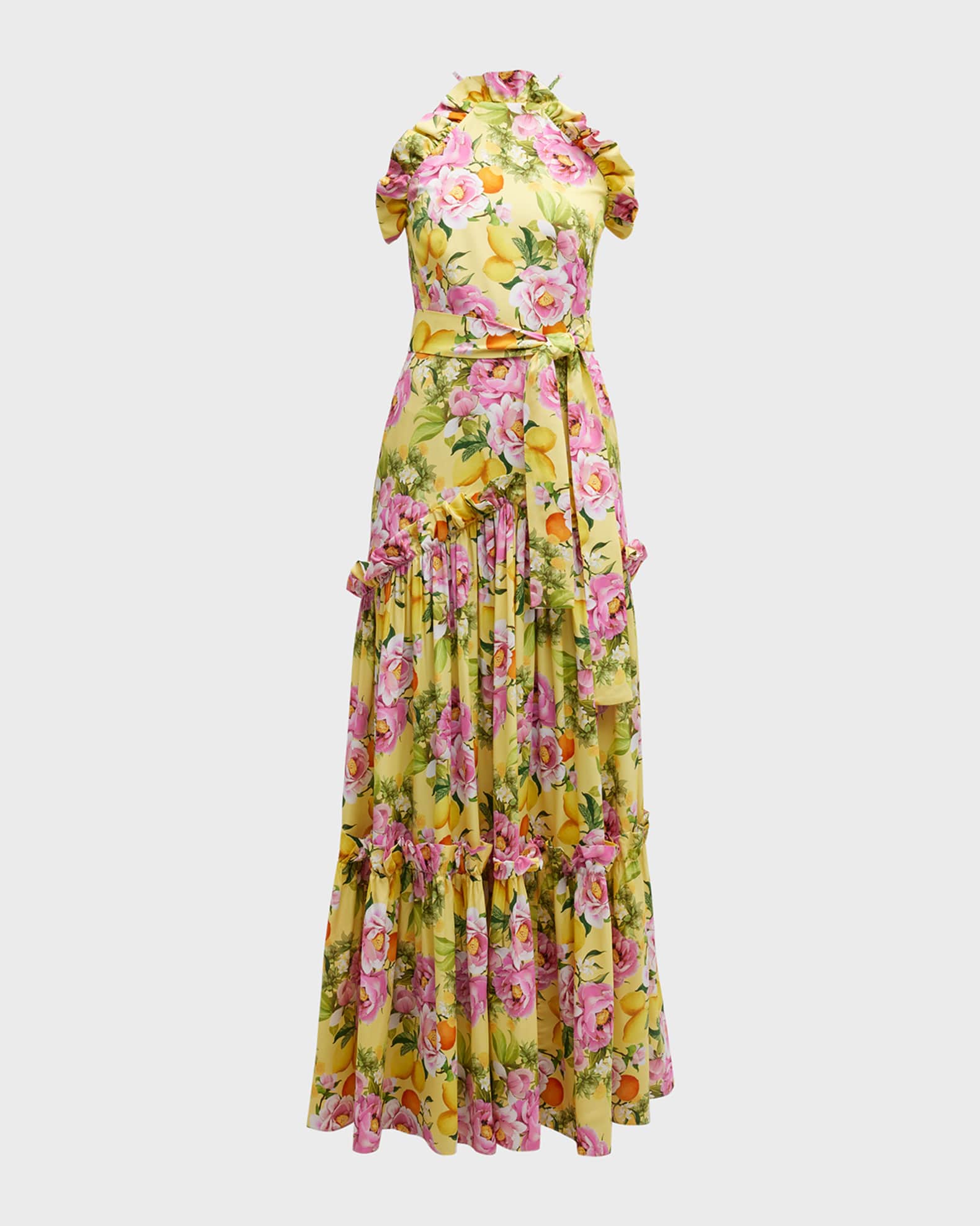 Borgo de Nor Halter Ruffle-Neck Floral-Print Silk Gown | Neiman Marcus