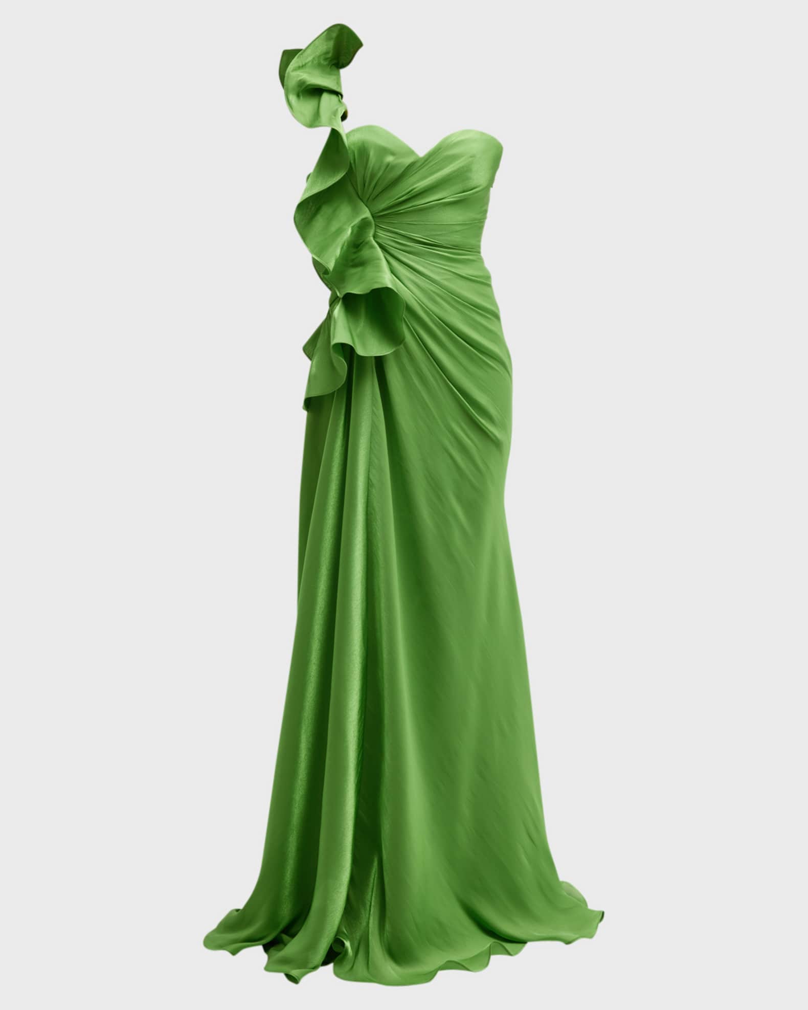 Badgley Mischka Collection Botanical Leaf Ruched Ruffle Sweetheart Gown