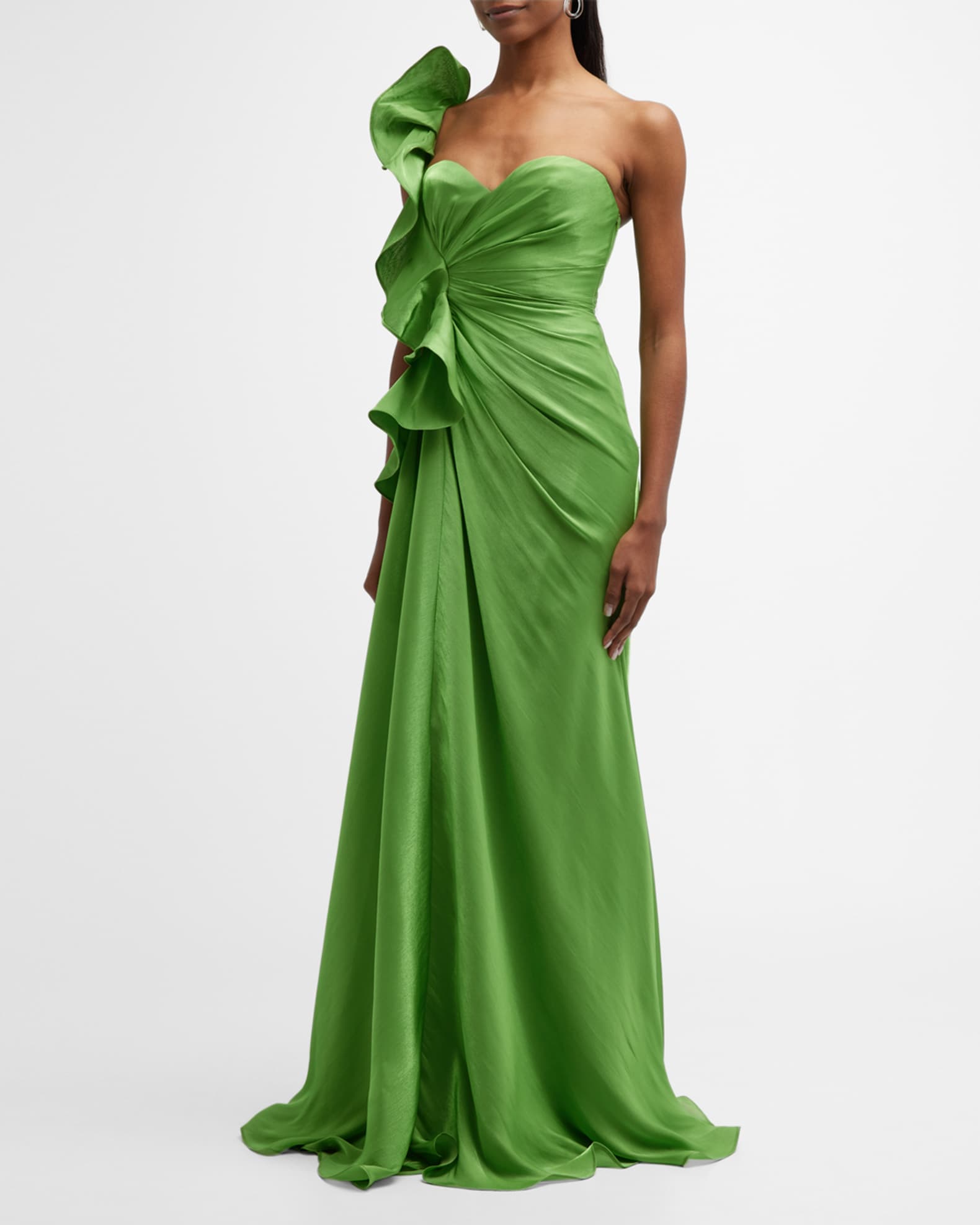 Badgley Mischka Collection Botanical Leaf Ruched Ruffle Sweetheart Gown ...