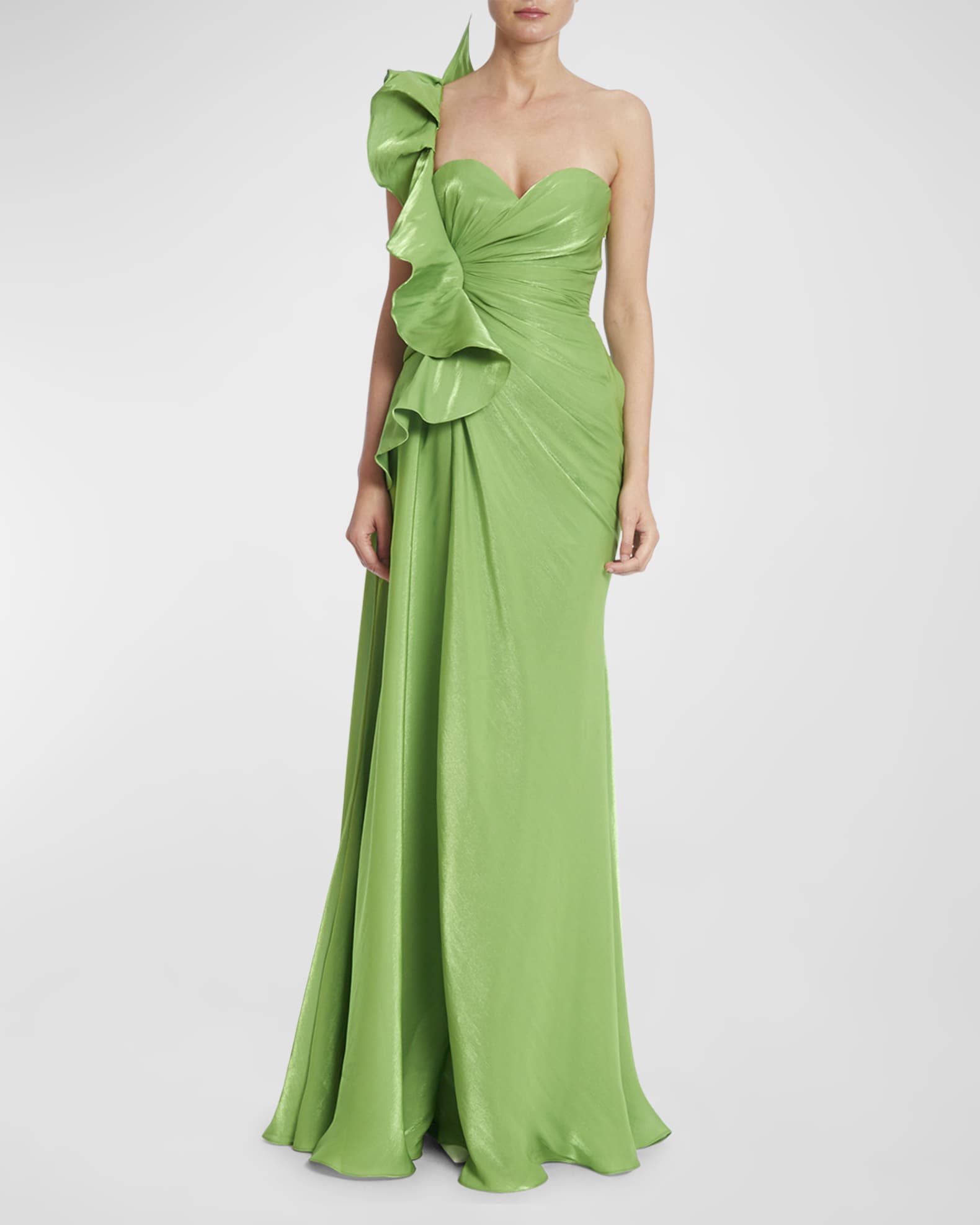 Badgley Mischka Collection Botanical Leaf Ruched Ruffle Sweetheart Gown