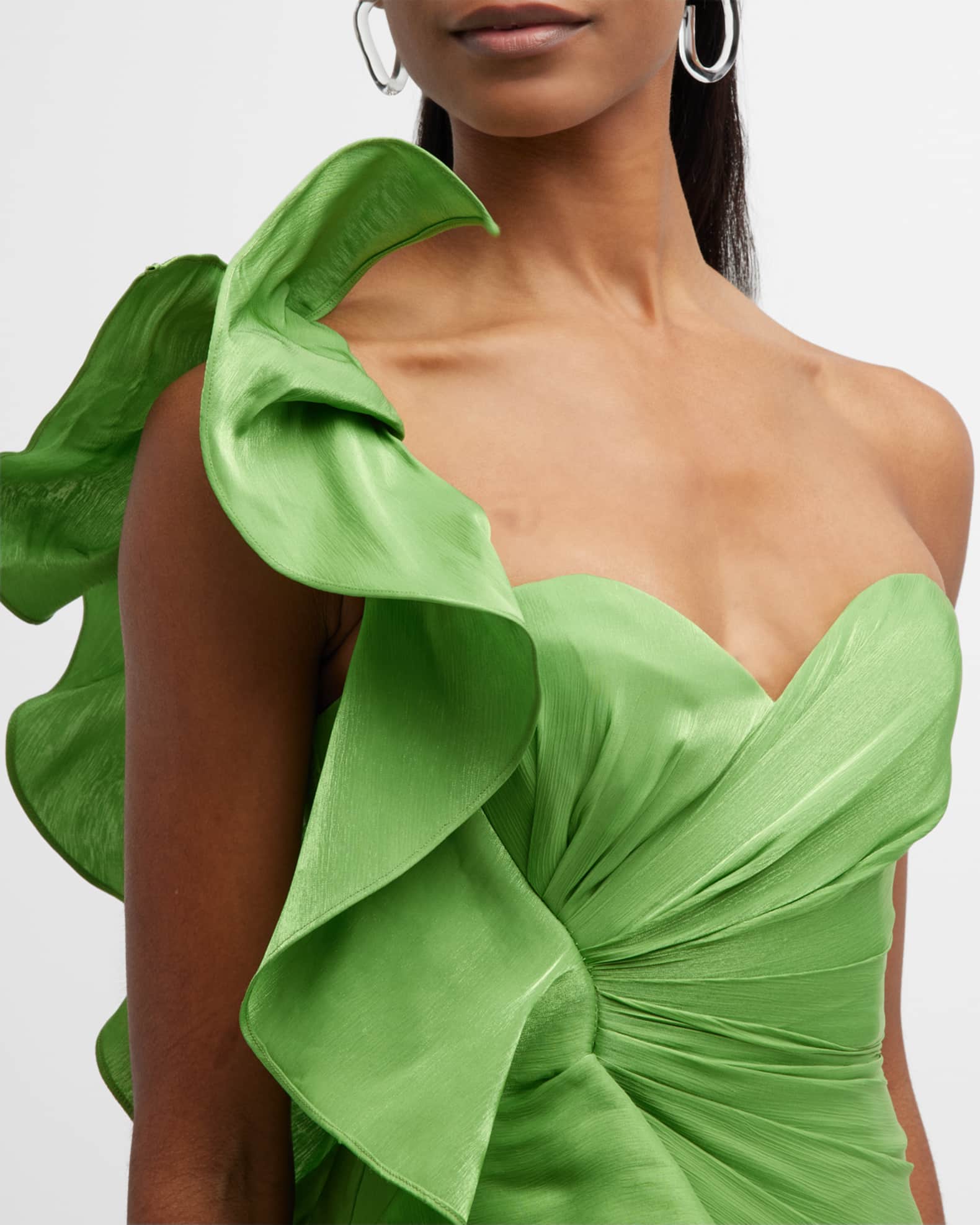 Badgley Mischka Collection Botanical Leaf Ruched Ruffle Sweetheart Gown