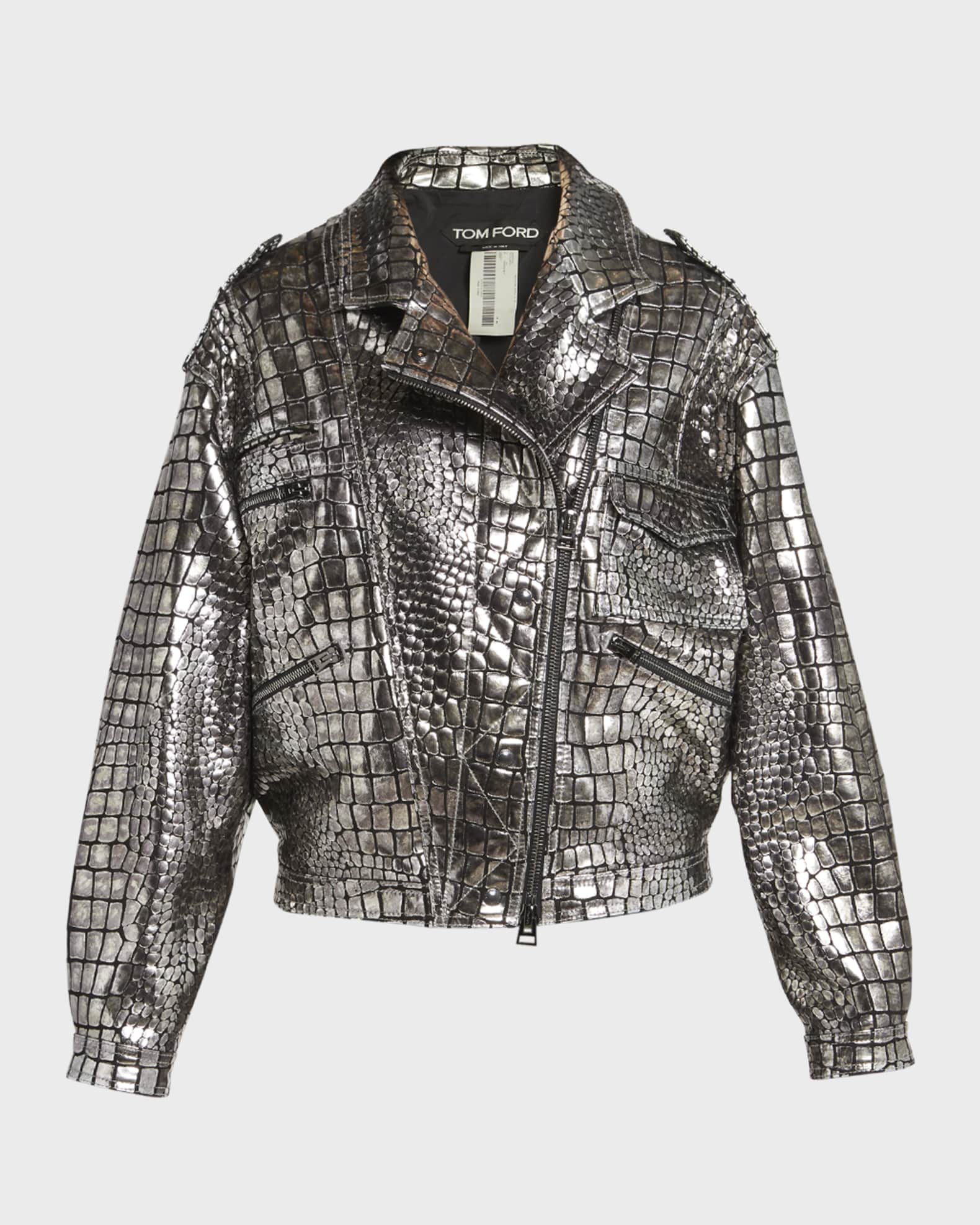 TOM FORD Metallic Dabbed Croc Printed Leather Biker Jacket | Neiman Marcus