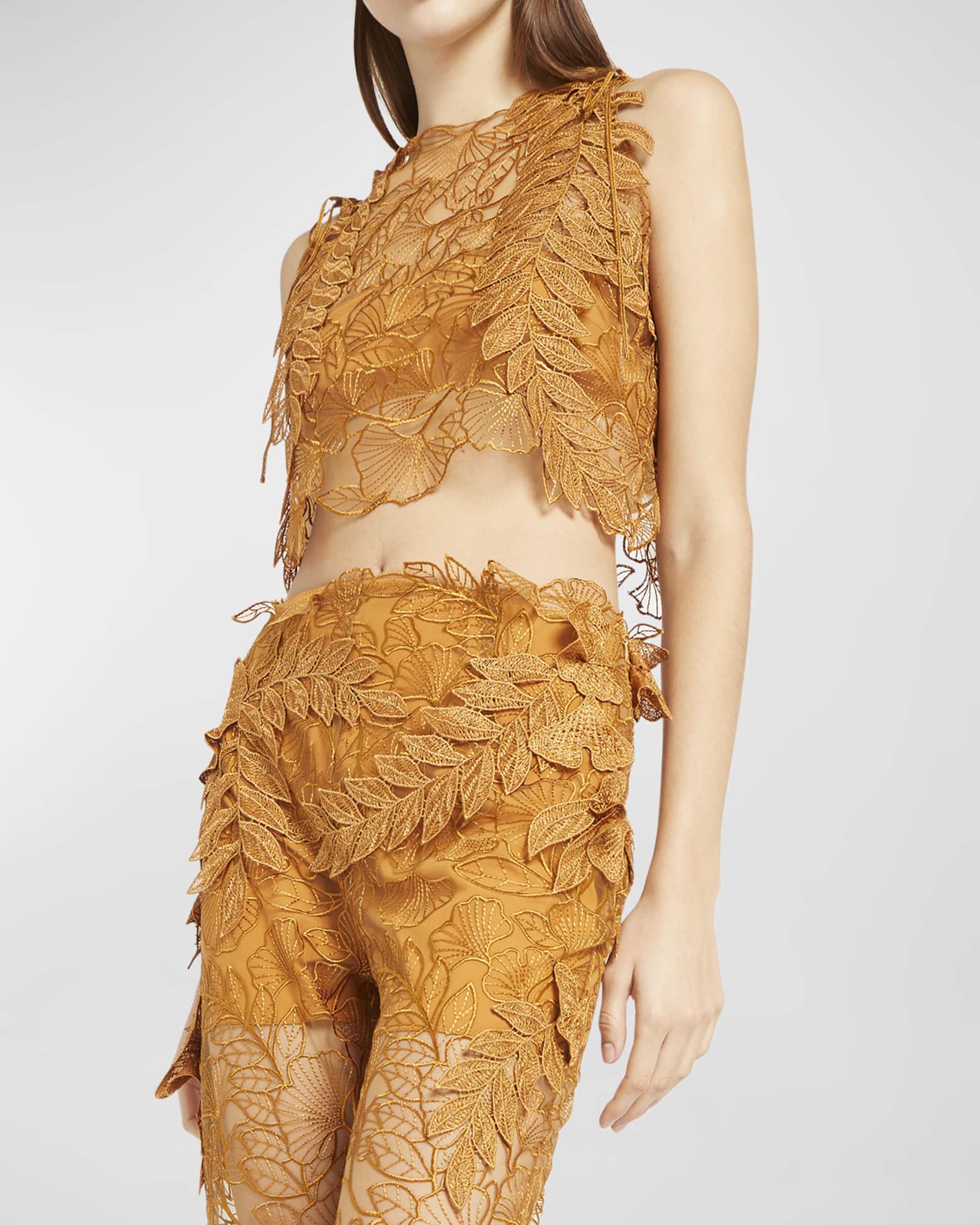 Alberta Ferretti Floral Embroidered Sheer Crop Blouse | Neiman Marcus