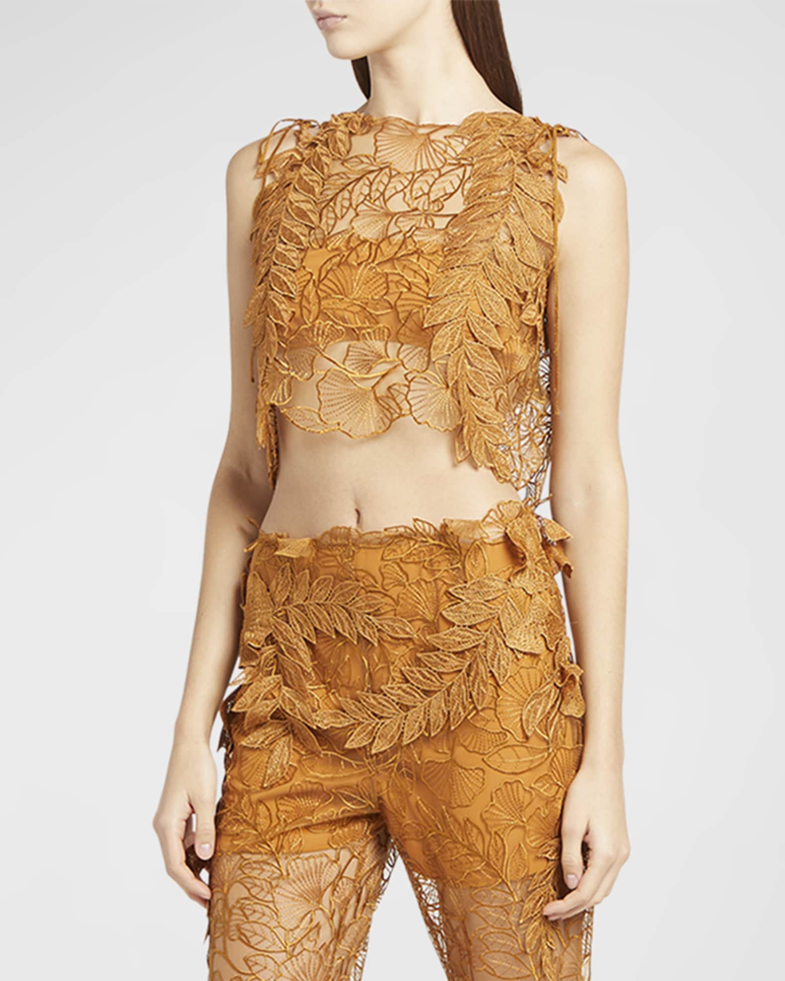 Alberta Ferretti Floral Embroidered Sheer Crop Blouse | Neiman Marcus