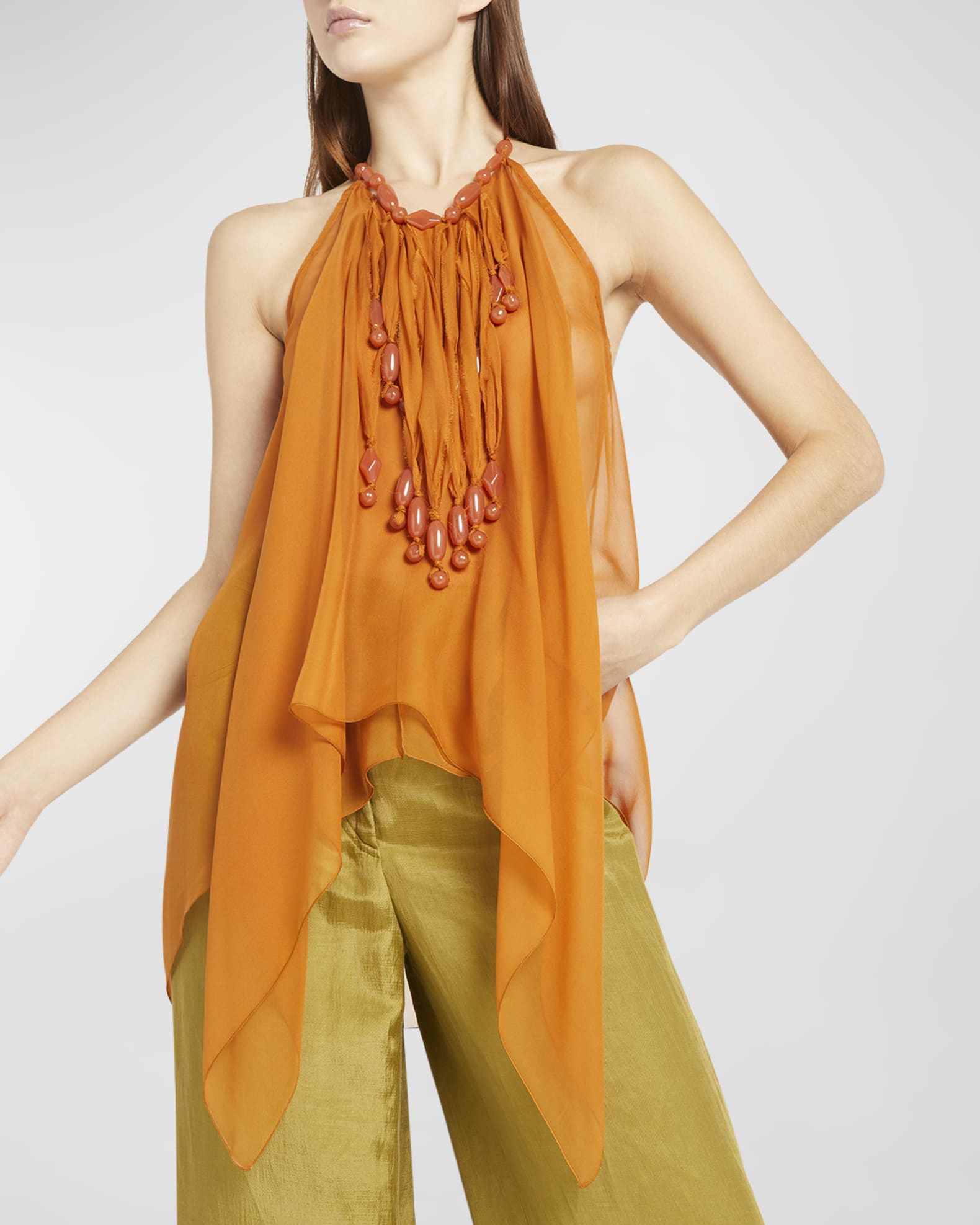 Alberta Ferretti Beaded Fringe Handkerchief Halter Top | Neiman Marcus