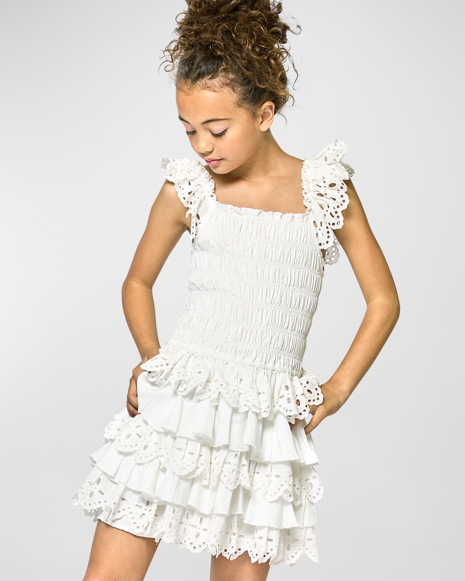 Hannah Banana Girl's Smocked Embroidered Eyelet Tiered Dress, Size 7-14 | Neiman Marcus