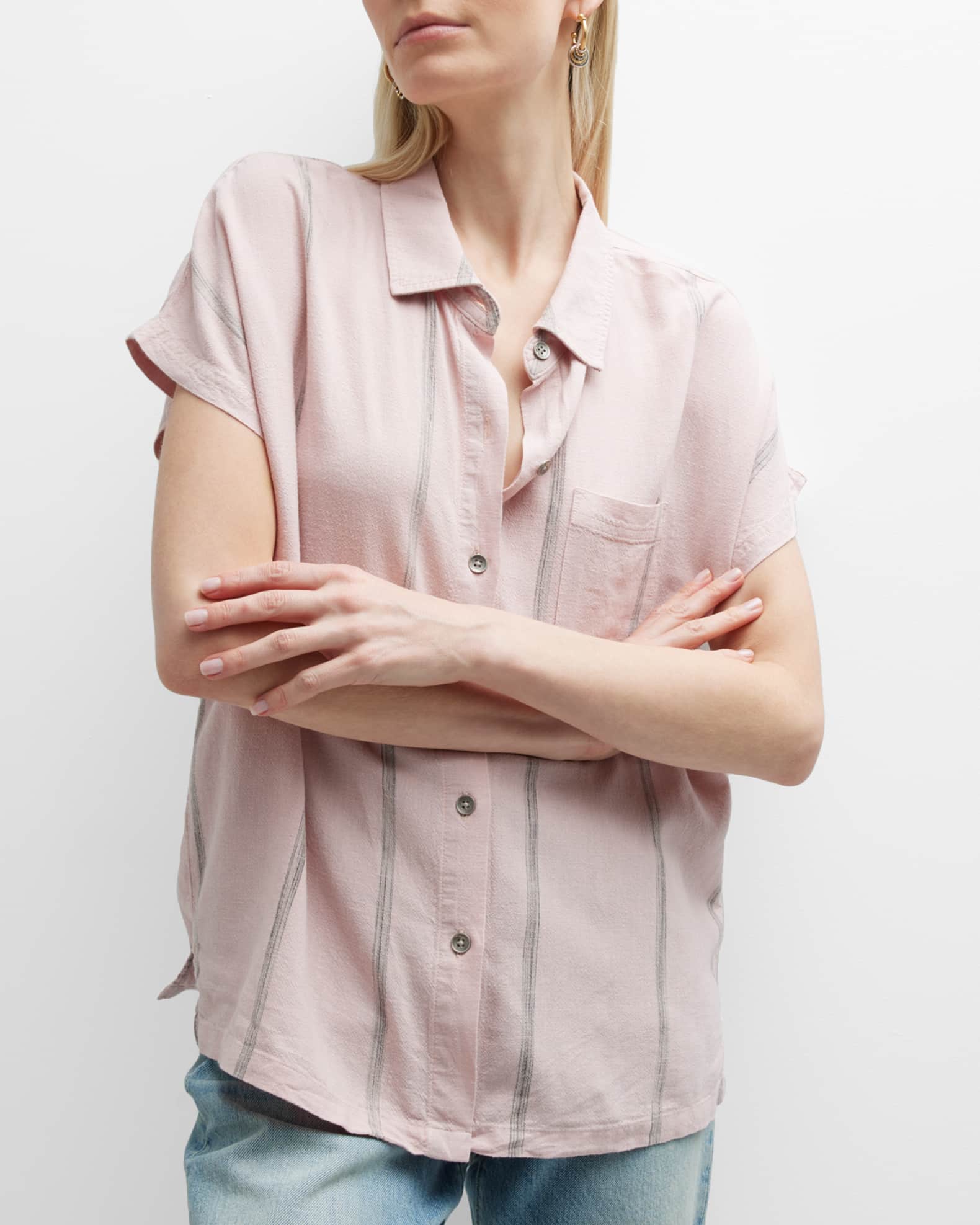 Splendid Giada Chalk Stripe Linen-Blend Camp Shirt | Neiman Marcus