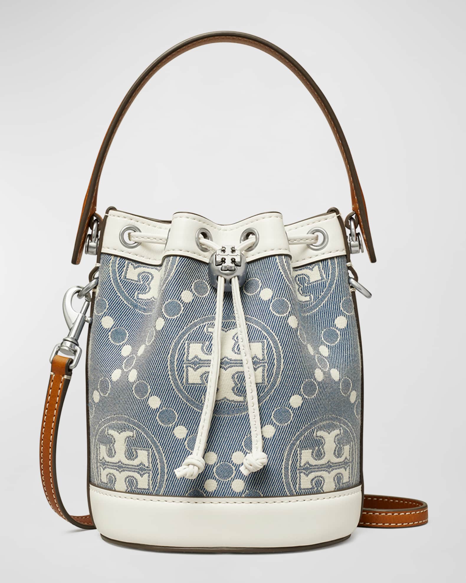 Tory Burch Mini T Monogram Denim Bucket Bag | Neiman Marcus