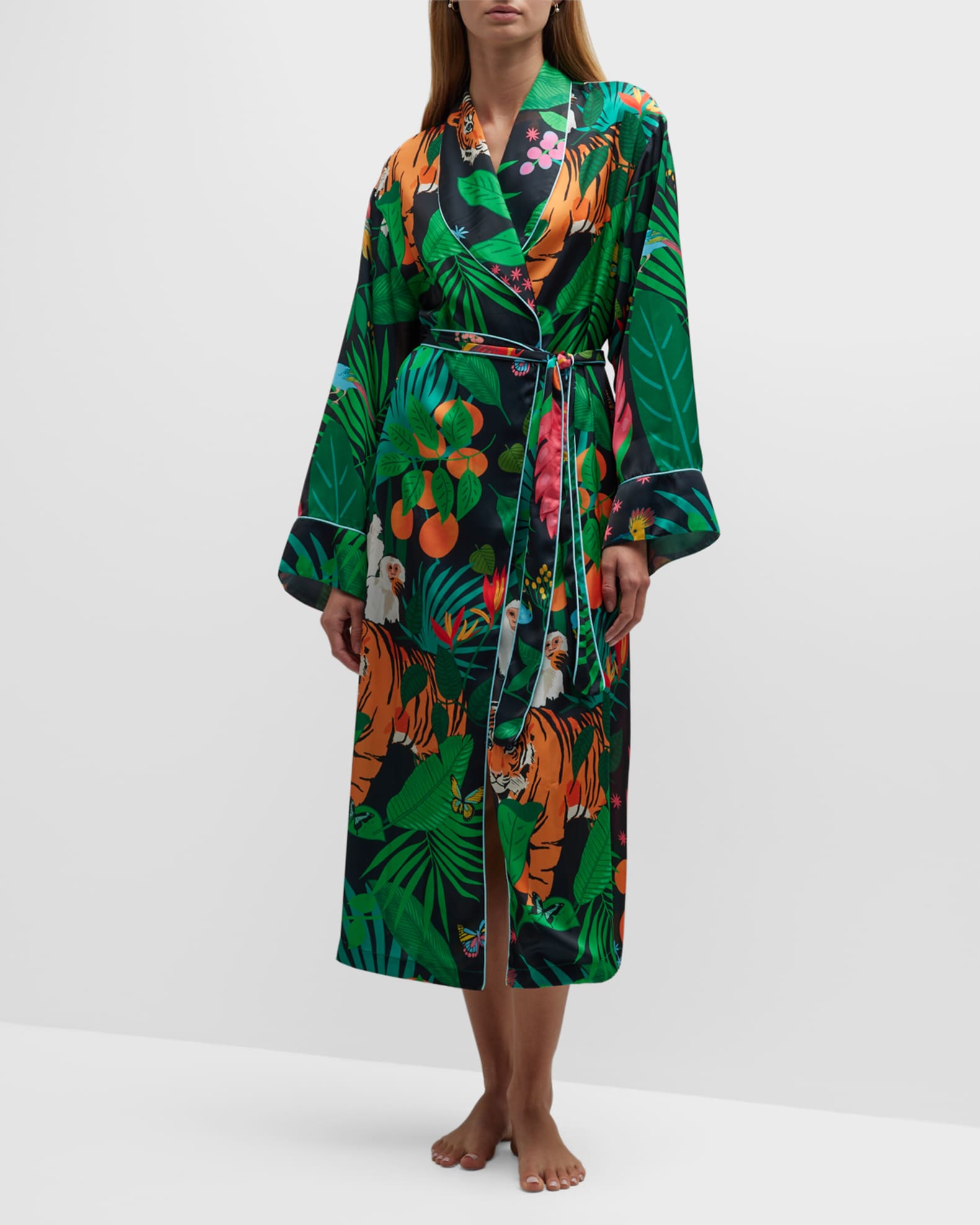 Karen Mabon Long Shawl-Collar Jungle-Print Robe | Neiman Marcus