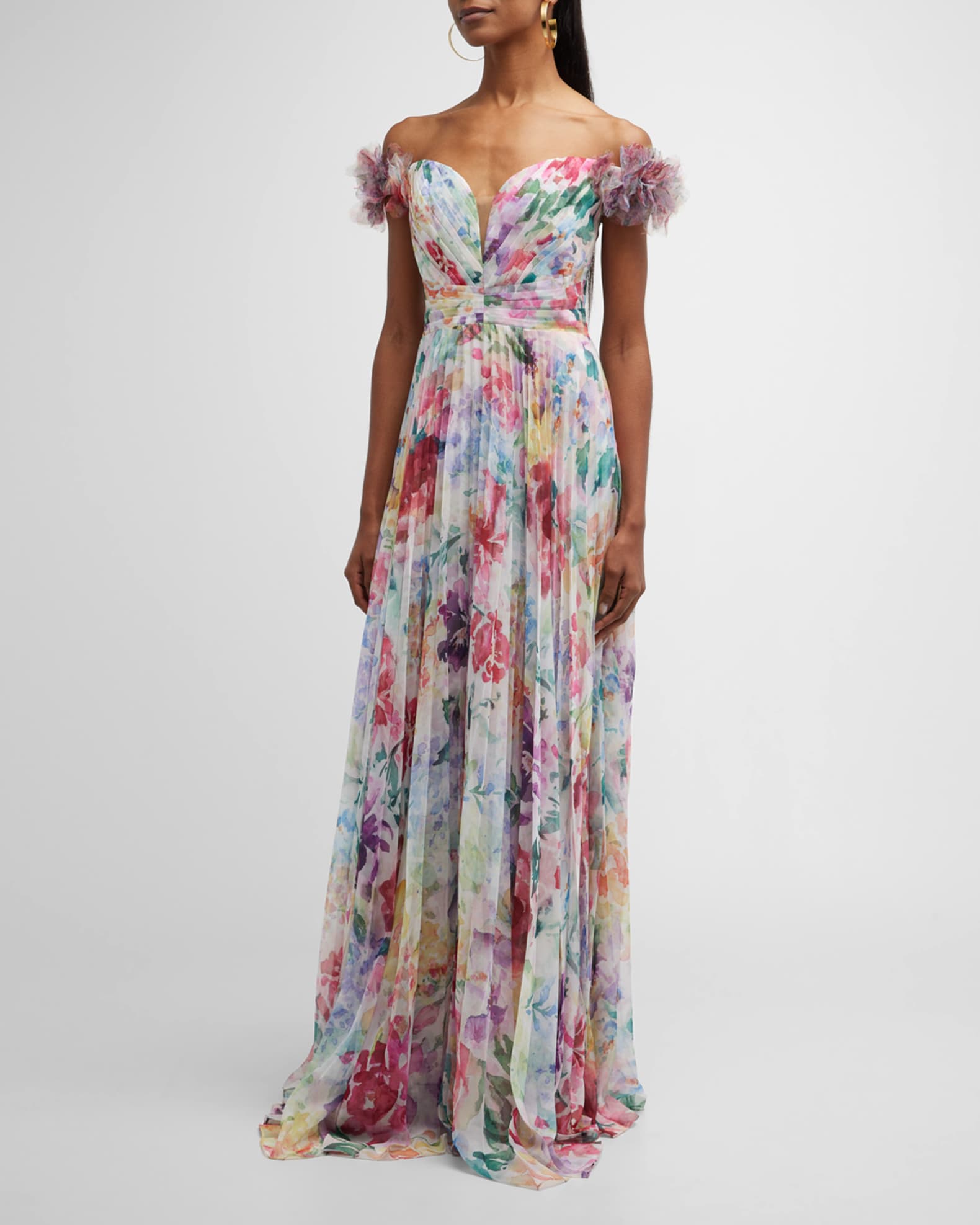 Marchesa Notte Pleated Floral-Print Off-Shoulder Gown | Neiman Marcus